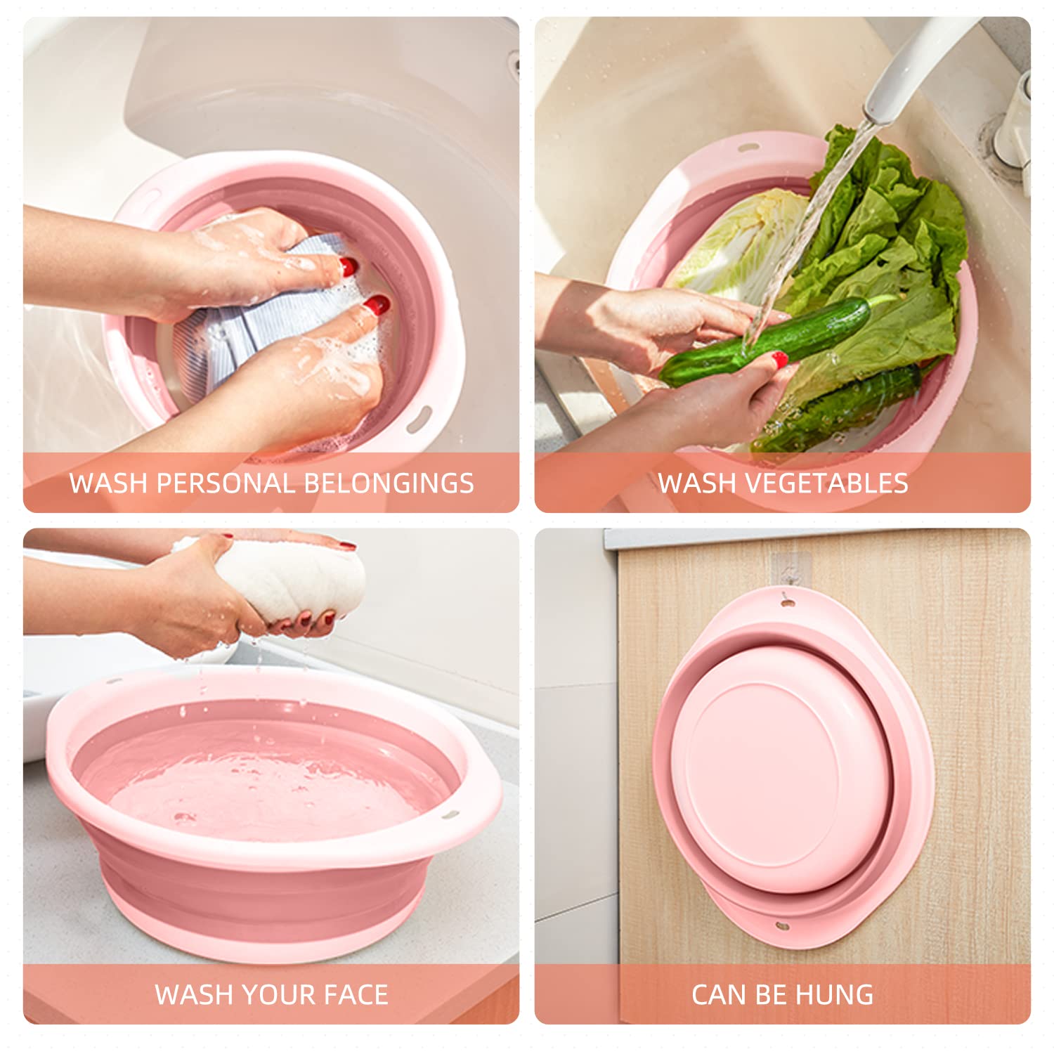 Iimin 5L Multifunctional Foldable Washbasin Collapsible Portable Wash Basin Dishpan Outdoor Travel Portable Washbasin for RV, Camping, Marine, BBQ(2Pack,Pink)