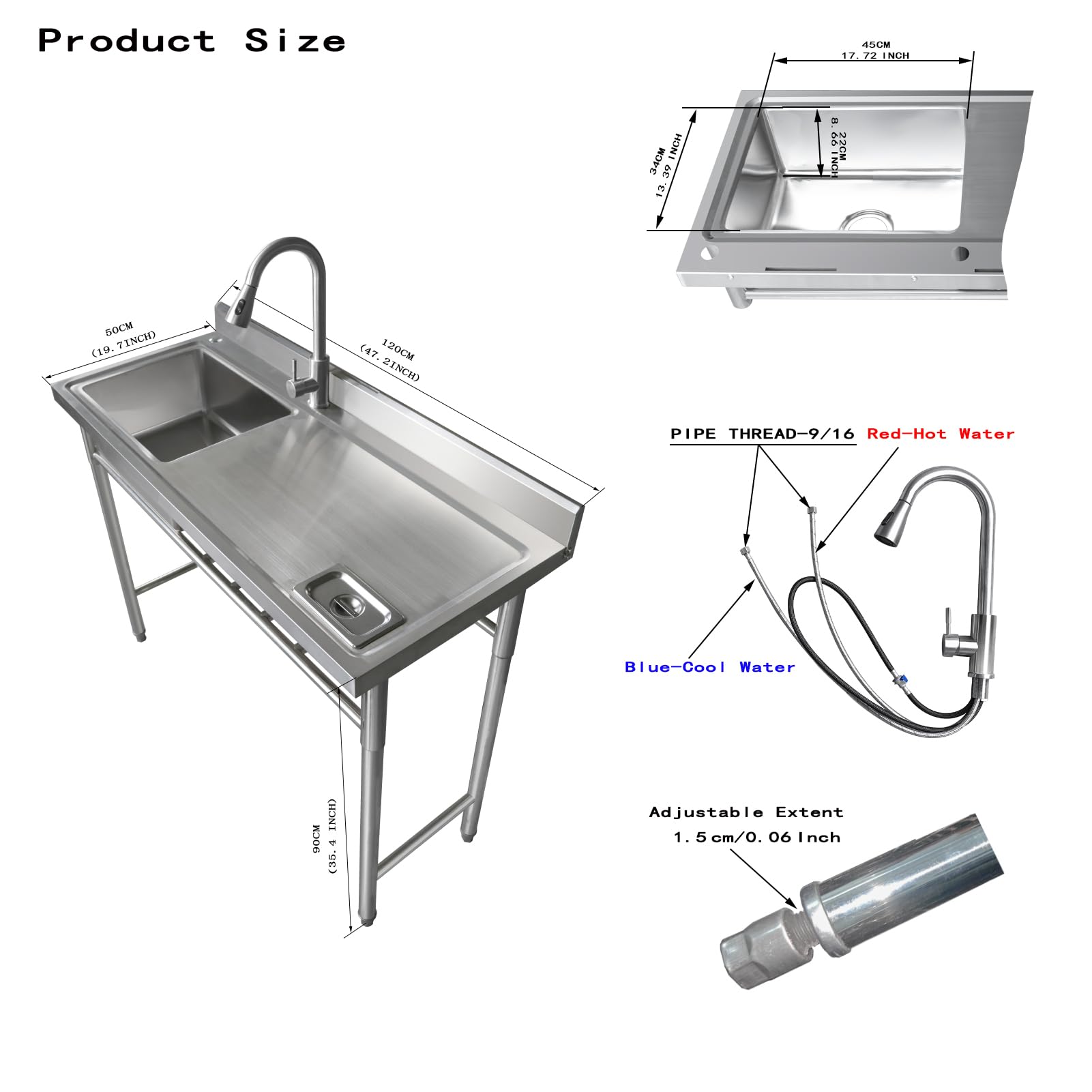 Qian Kun Free 304 Standing Stainless Steel Sink Utility Sink (Pull Down Sprayer & Drain Pipe) FreeStanding Outdoor Kitchen Sinks 47.2 * 19.7 * 35.4 Left Single Bowl Commercial Restaurant Sink NSF