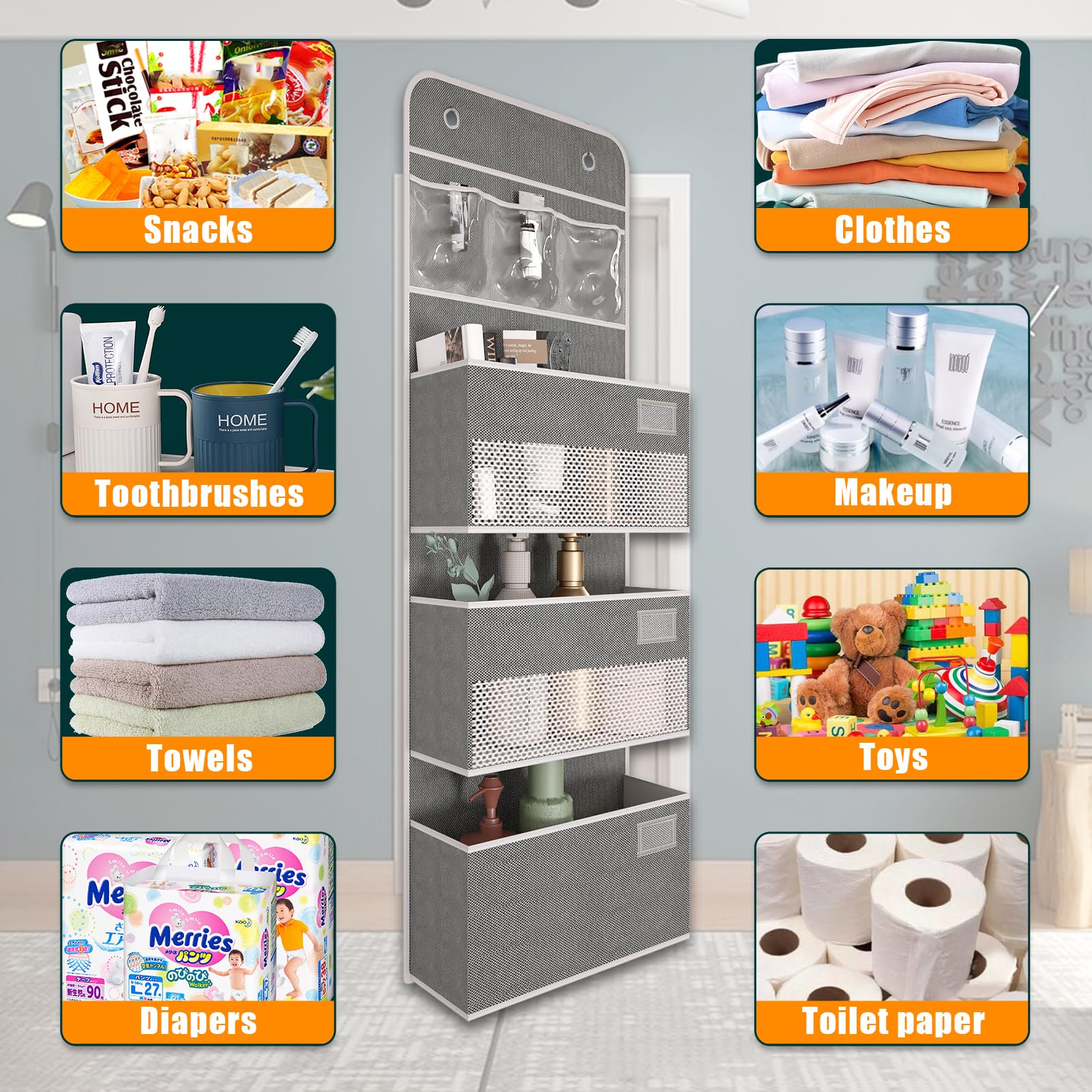 DonYeco Over The Door Hanging Organizer - 6 Pockets for Daily Essentials Storage, Fixing Stickers and Blank Index Cards Included, 39" x 5" x 14.6", Non-woven Fabric, Grey