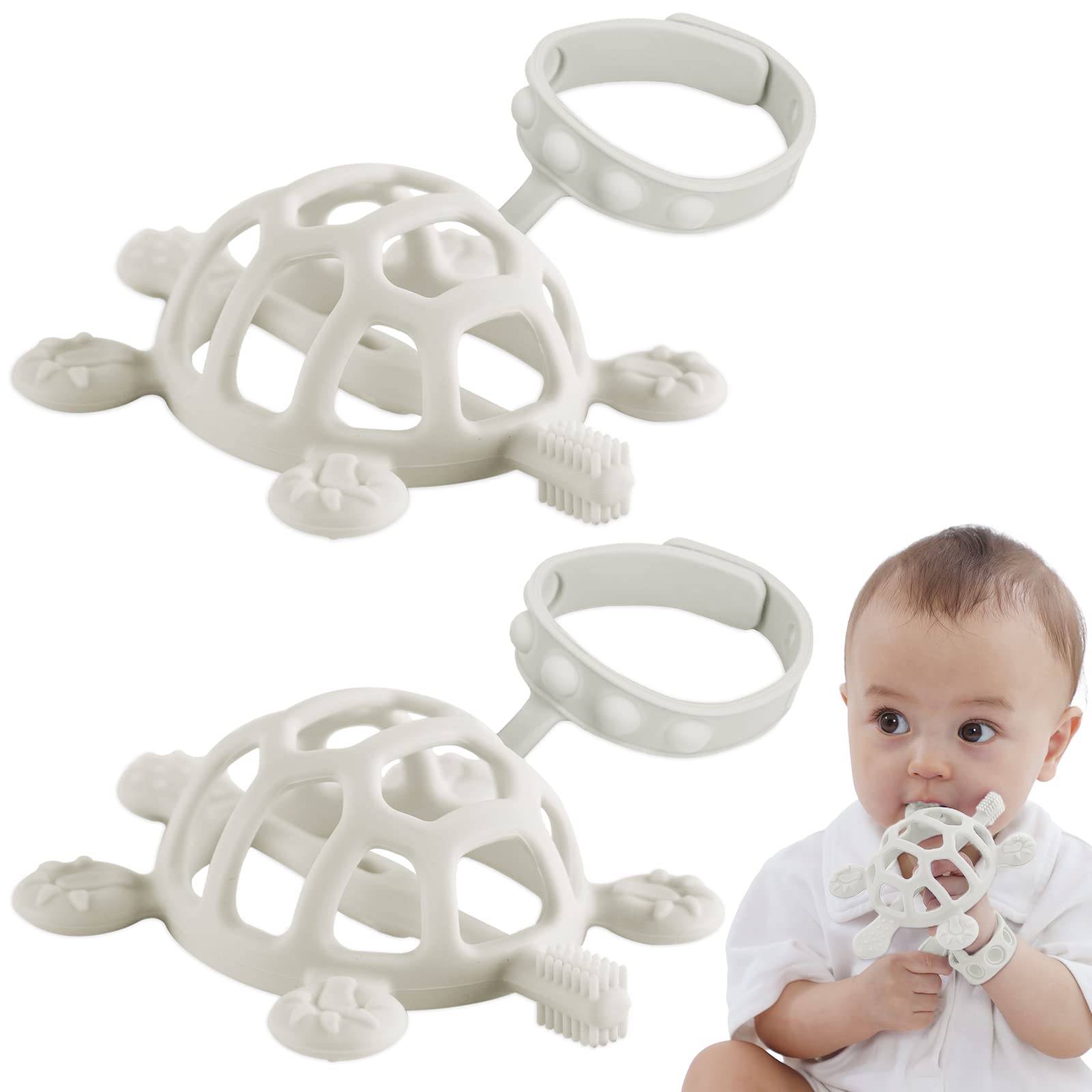 GOQELK Baby Teething Toys-Baby Teether,Baby Teethers 3-24 Months,Teething Mittens with Anti-Drop,Teethers Turtle with Three Shapes for Stimulates and Soothing-Silicone BPA Free | (Pack of 2)