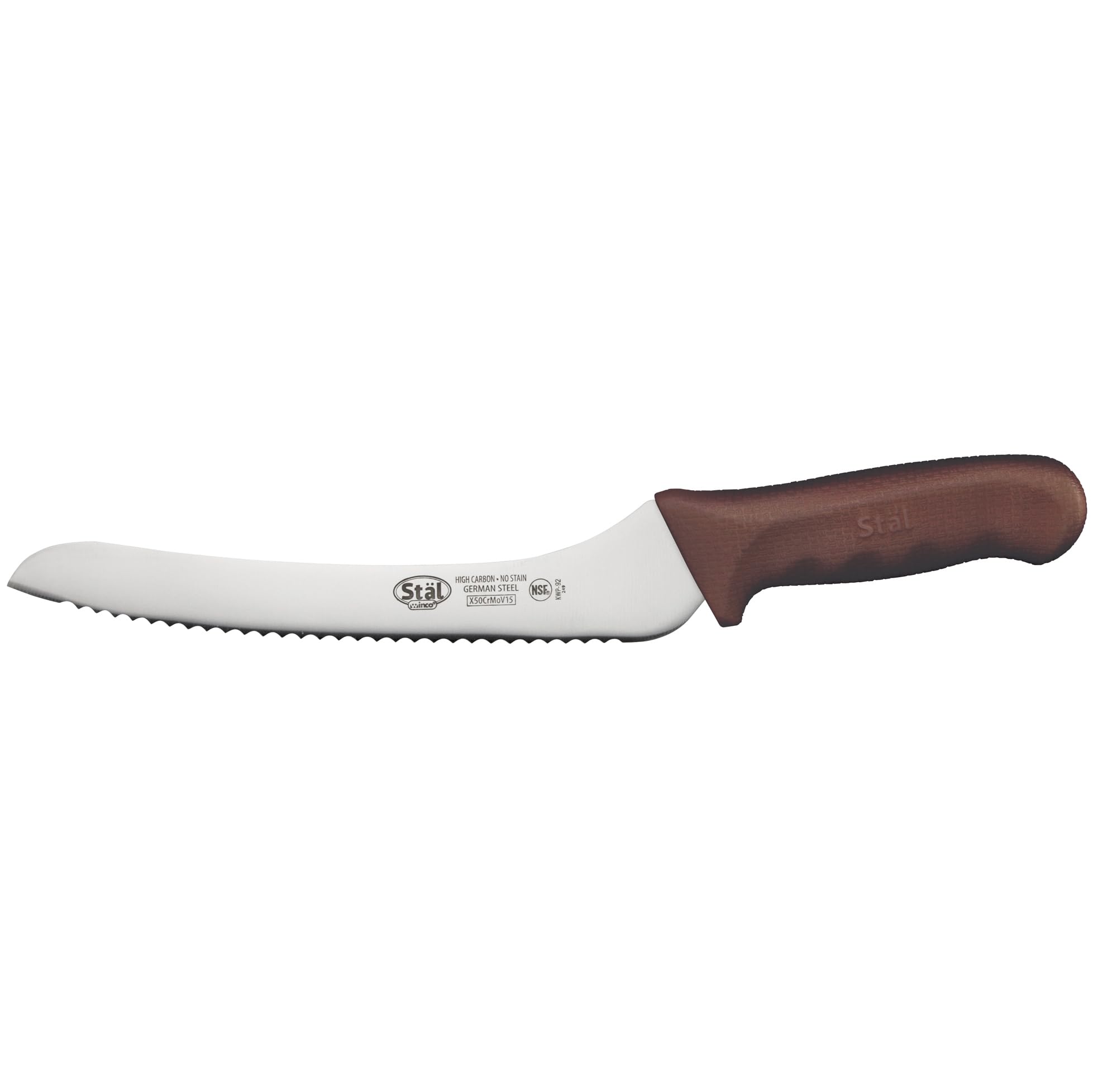 Winco 9" Commercial-Grade Serrated Bread/Pastry Knife with Offset Handle, Brown