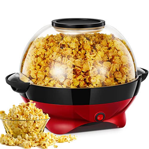 Popcorn Machine, 6.3 Qtrs./28 Cup Popcorn Maker, 800w Stir Crazy Popcorn Popper with Quick-Heat Technology, Removable Non-Stick Surface, Cool Touch Handles, Thicken Transparent Cover, 2 Measuring Cap
