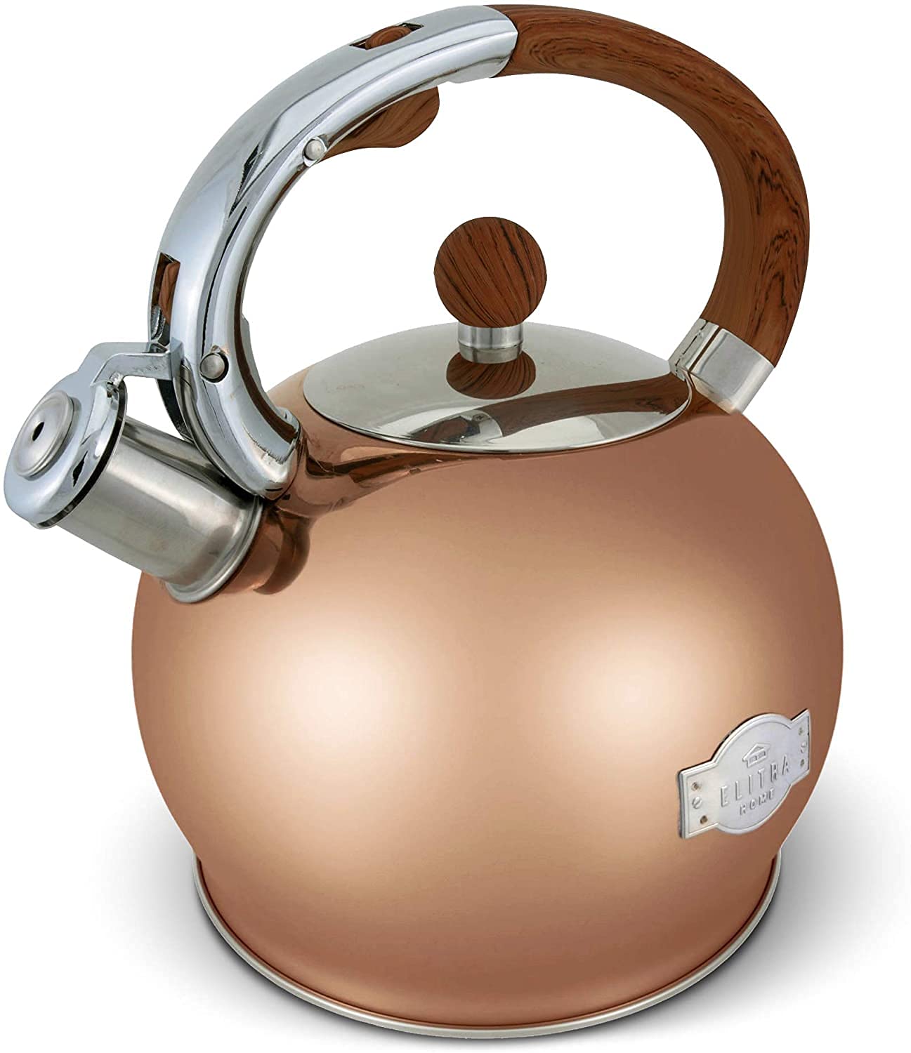 ELITRA HOME Stove Top Whistling Fancy Tea Kettle Stainless Steel Tea Pot with Ergonomic Handle 2.7 Quart / 2.6 Liter (SATIN)