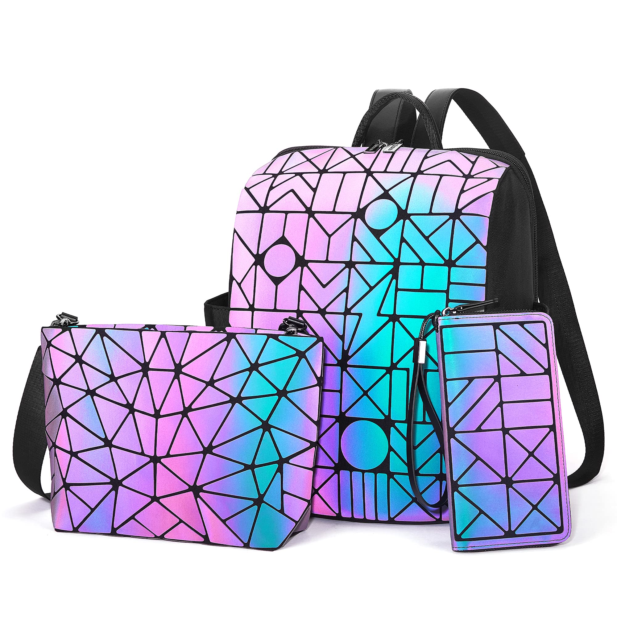 Geometric luminous crossbody bag glow-in-the-dark handbag Holographic reflective backpack purse clutch bag (Wallet + Crossbody Bag + Backpack)
