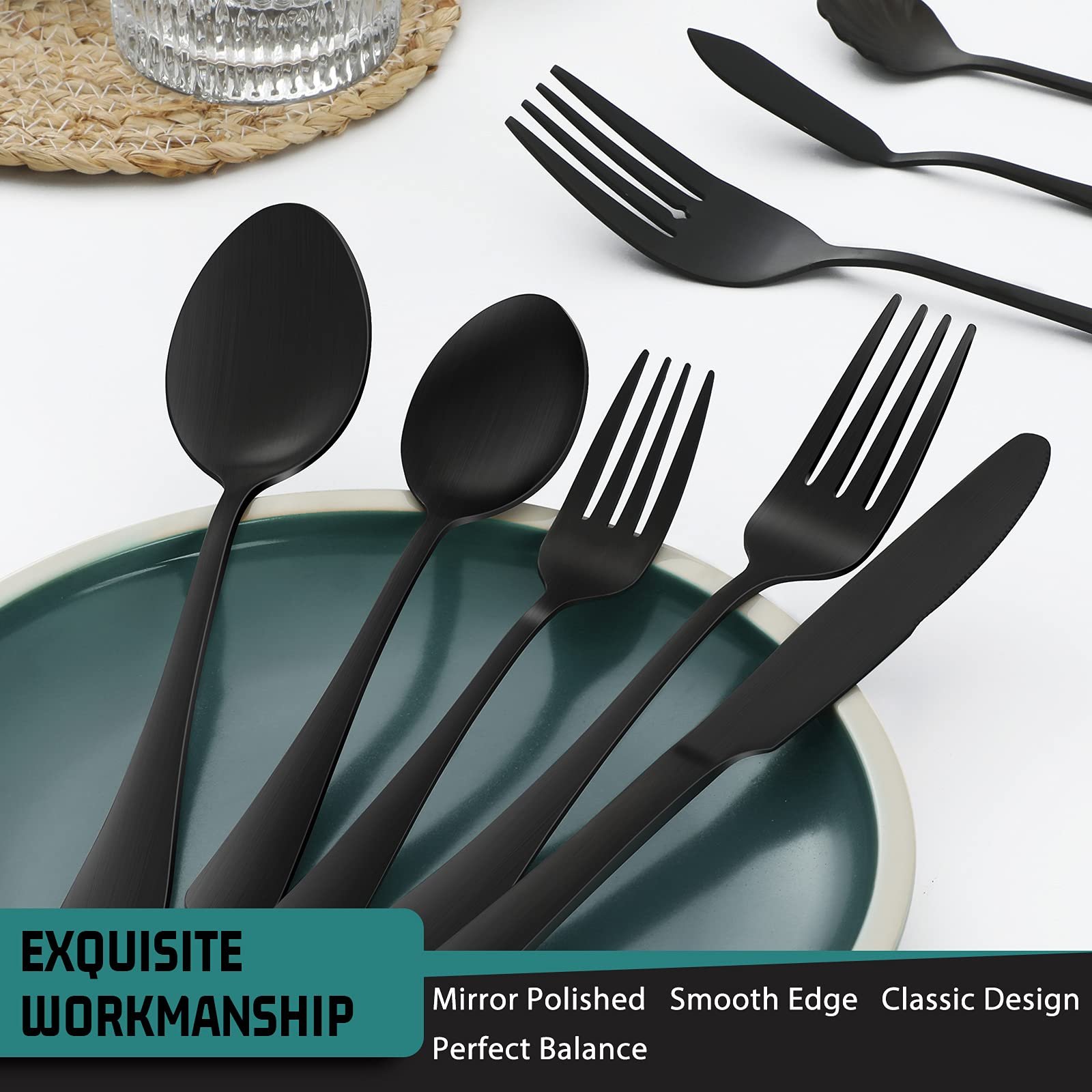 Hiware Matte Black Silverware Set with Serving Utensils for 8, Food Grade Stainless Steel Flatware Cutlery Set for Home and Restaurant, Fork Spoon Knife Set, Hand Wash Recommended