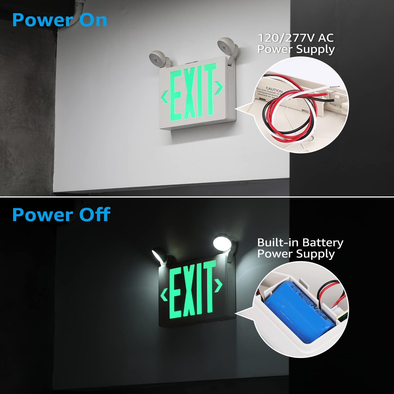 TORCHSTAR Green LED Exit Sign with Emergency Lights, UL 924, Emergency Exit Light with Battery Backup, Adjustable Heads, Fire Exit Sign with Lights, Double Face, AC 120/277V, Damp Location, Pack of 2