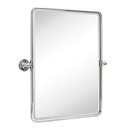 TEHOME 20 x 24 inch Farmhouse Chrome Metal Framed Pivot Rectangle Bathroom Mirror Rounded Rectangluar Tilting Beveled Vanity Mirrors for Wall