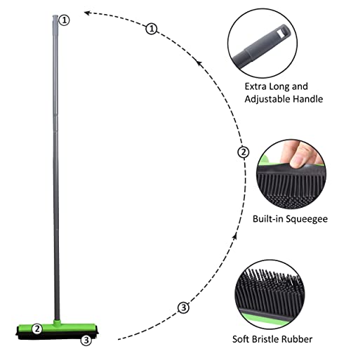 LCF Pet Hair Removal Broom with Squeegee & Telescoping Handle,Non Scratch Bristle Rubber Bruch Carpet Sweeper Outdoor Broom for Hardwood Floor Tile Windows Clean Cleaning (Green)