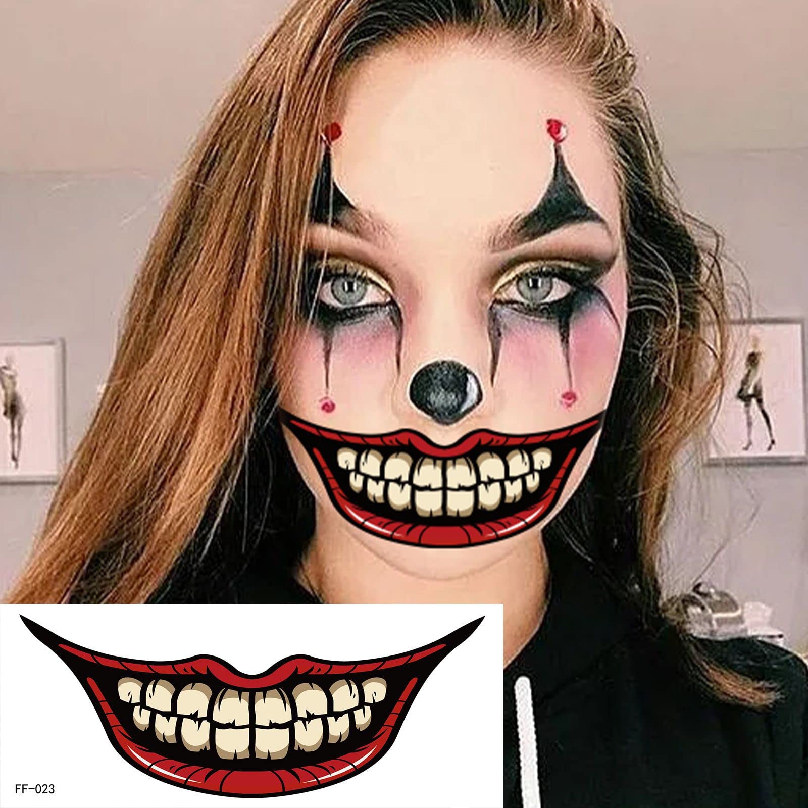 Halloween Temporary Horror Scary Mouth Tattoo Stickers Prank Props Makeup Costume Accessories Face Kit Men or Women Adults Kids Cosplay Party Masquerade