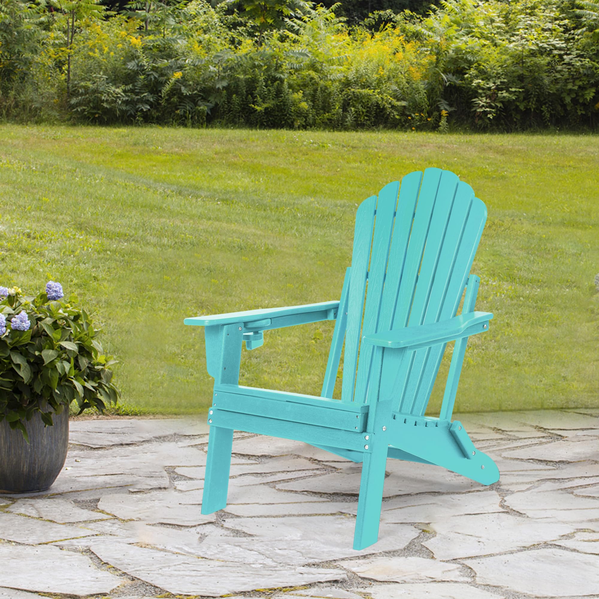 Plawdlik Folding Adirondack Chair,SGS Tested,Wooden Textured with Cup Holder,Widened Heavy All-Weather HDPE Comfortable Seating for Ourdoor Gery