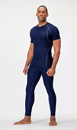 DEVOPS 3 Pack Men's Cool Dry Short Sleeve Compression Shirts, Sports Baselayer T-Shirts Tops, Athletic Workout Shirt (Large, Black/Navy/Olive)