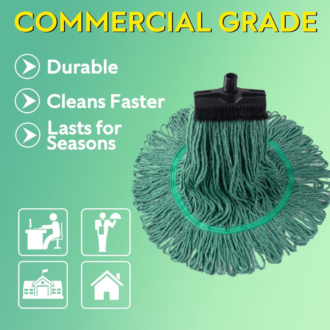 Matthew Large Heavy Duty Mop Head Commercial Replacement for General and Floor Cleaning, Screw-on Wet Industrial Cotton Looped End String Head Refill (Green 2Pack) w/Built-in Flexible Bristle Brush