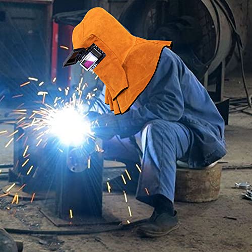 Leather Welding Mask, Leather Welder Hood Leather Mask Welder Helmet with Auto Darkening Filter Lens, Work Cap Welding Helmet, Yellow (Full Face+Neck Shoulder Coverage)