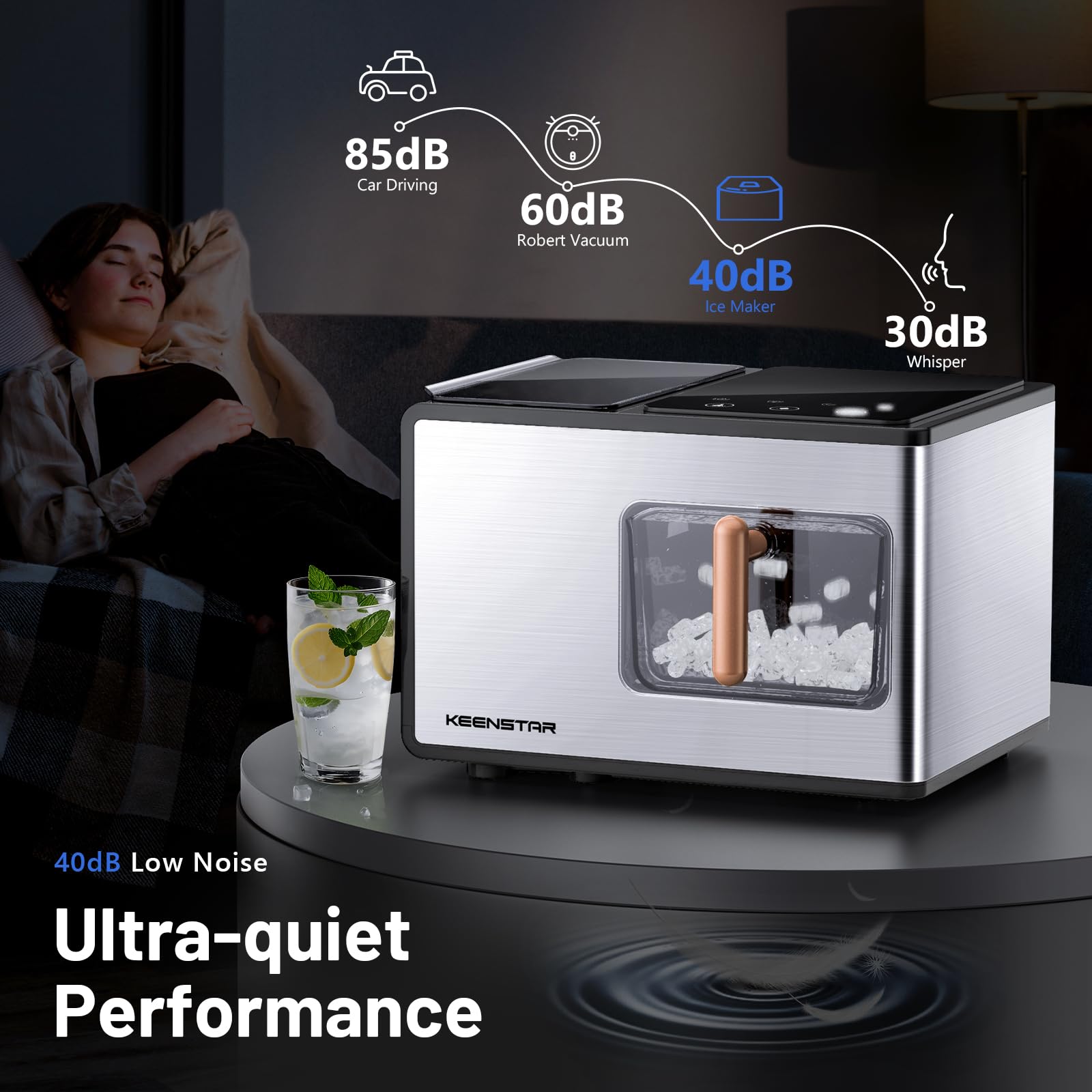 Nugget Ice Maker Countertop, 40lbs/24H, Pebble Ice Maker with Soft Chewable Ice, Self Cleaning Sonic Ice Machine, Stainless Steel w/Touch Screen, Compact Design for Home Office Bar Party-Silver