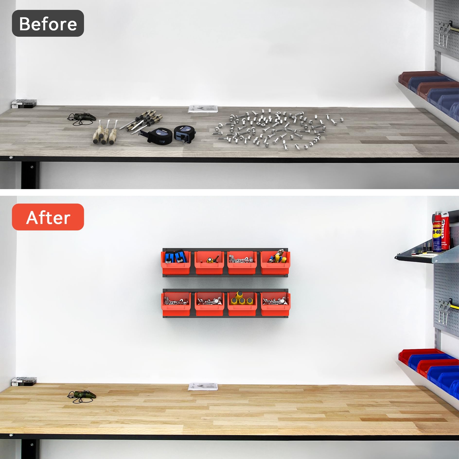 TORACK Wall-Mounted Storage Bins - 8 Plastic Bins & 2 Metal Tracks for Tools Organization in Garage, Craft Room, and Shop(Orange)