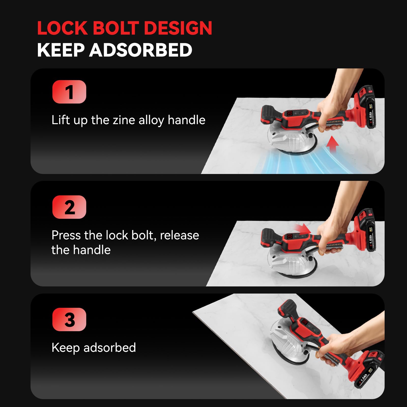 Tile Vibration Tool with 2 x 20V Batteries, Tile Installation Leveling Machine 18000r/Min, Tile Suction Cup Vibrating Tool 200kg Adsorption, 8 Adjustable Speed & LCD Display for Floor, Tile, Wall