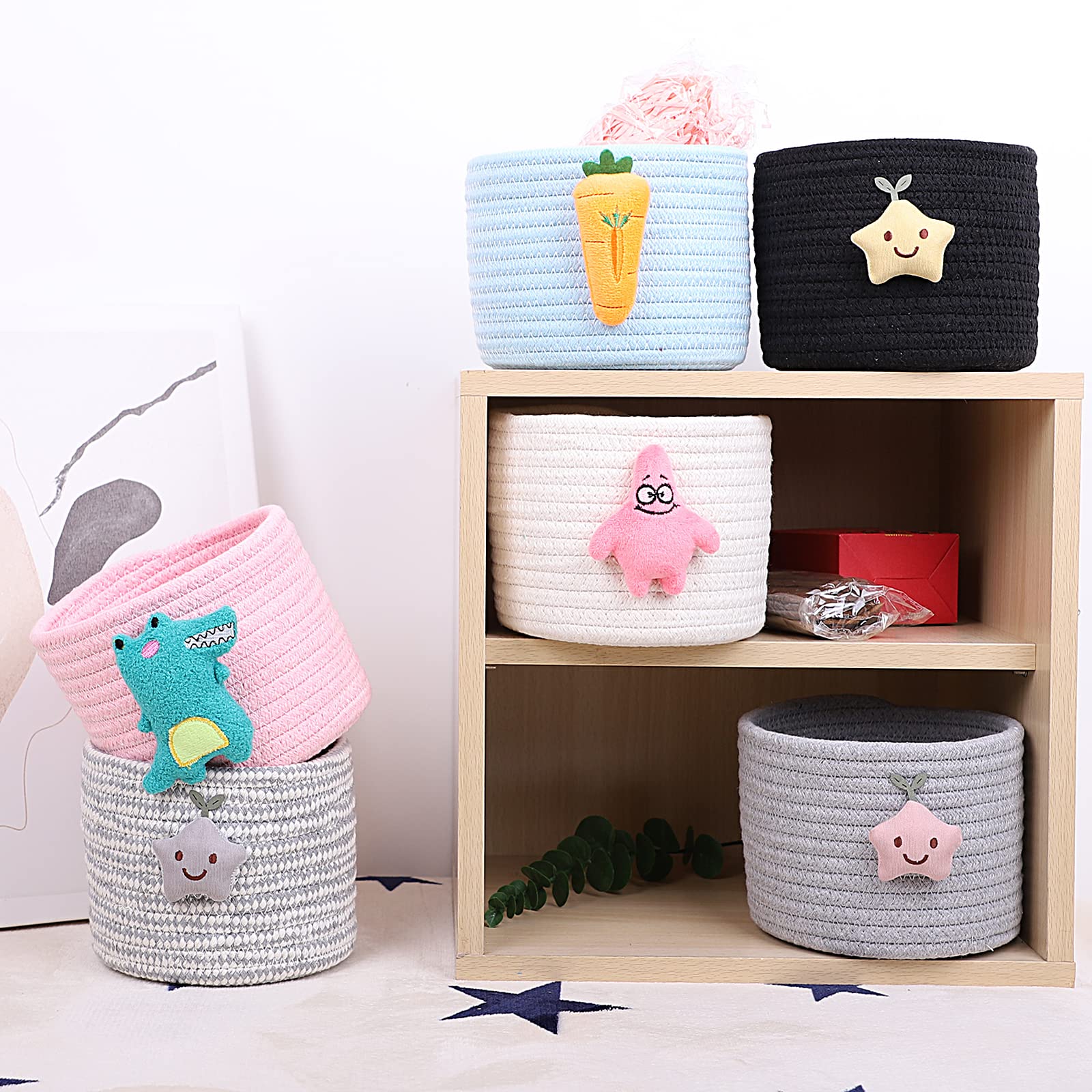 Lovelyduo 3 Pack Baby Boy Gifts Baskets Small Cute Woven Storage Basket for Shelves Mini Organizing Baskets Desk Bedside Table Organizer Bins Cotton Rope Makeup Holder