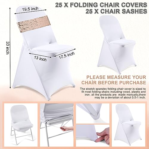 Windyun 50 Pcs Stretch Folding Chair Cover and Sequin Chair Sashes Universal Spandex Chair Slipcovers Double Sided Sequin Bows Washable Chair Protector for Wedding Birthday Banquet (White, Rose Gold)