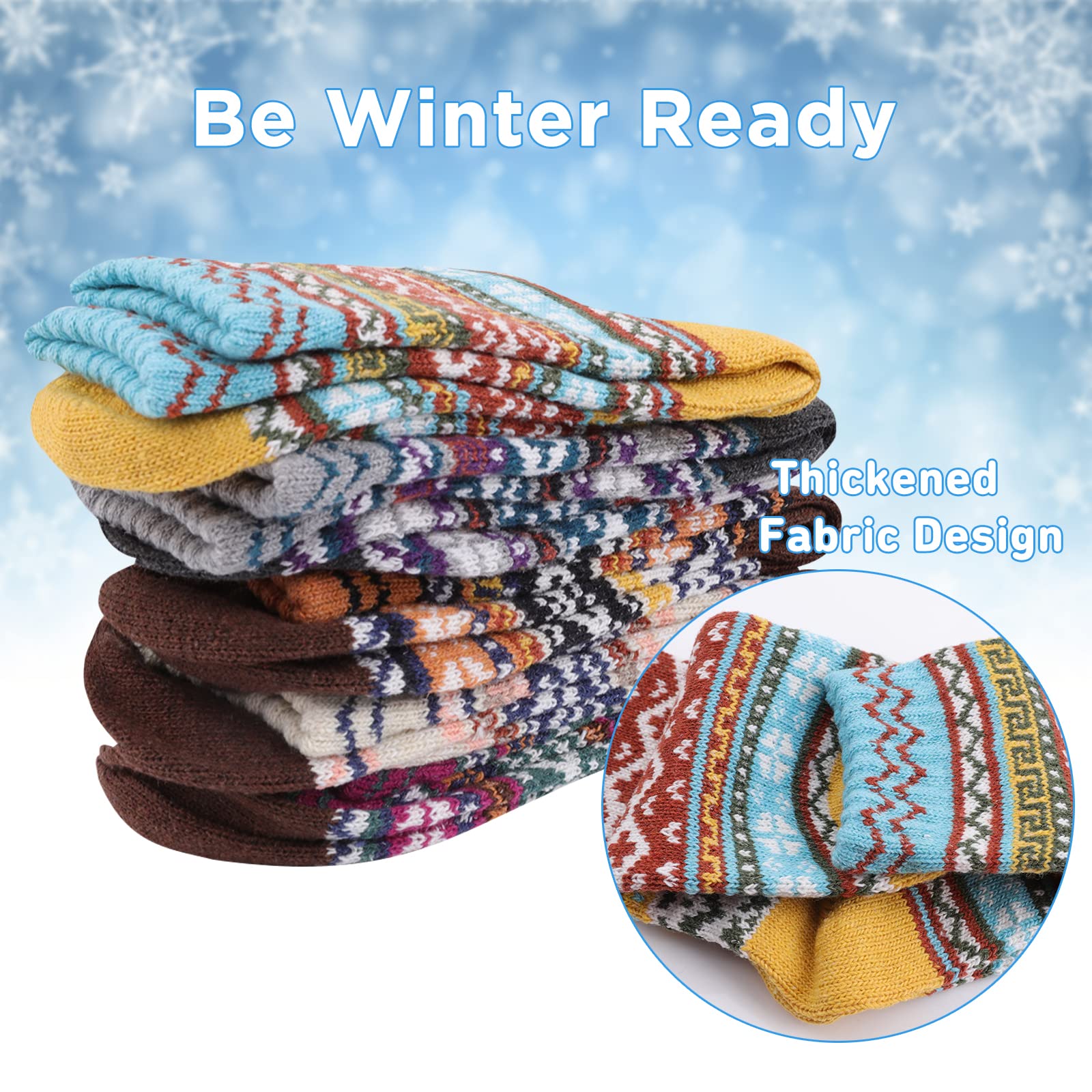 HiTauing 5 Pack Womens Wool Socks Winter Soft Warm Cold Knit Wool Crew Socks Thick Knit Cozy Winter Socks Gifts for Women One Size