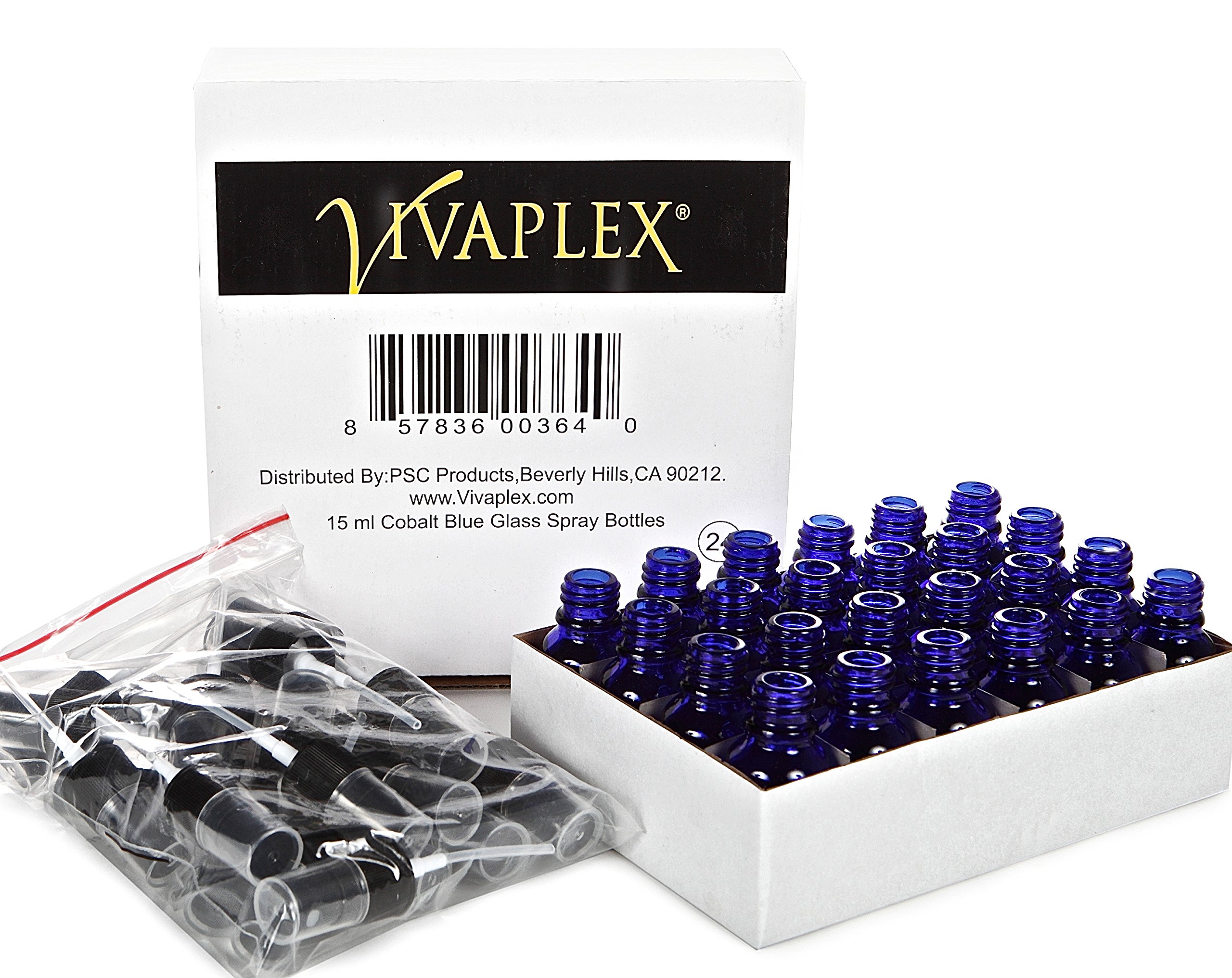 Vivaplex, 24, Cobalt Blue, 15 ml (1/2 oz) Glass Bottles, with Black Fine Mist Sprayer's