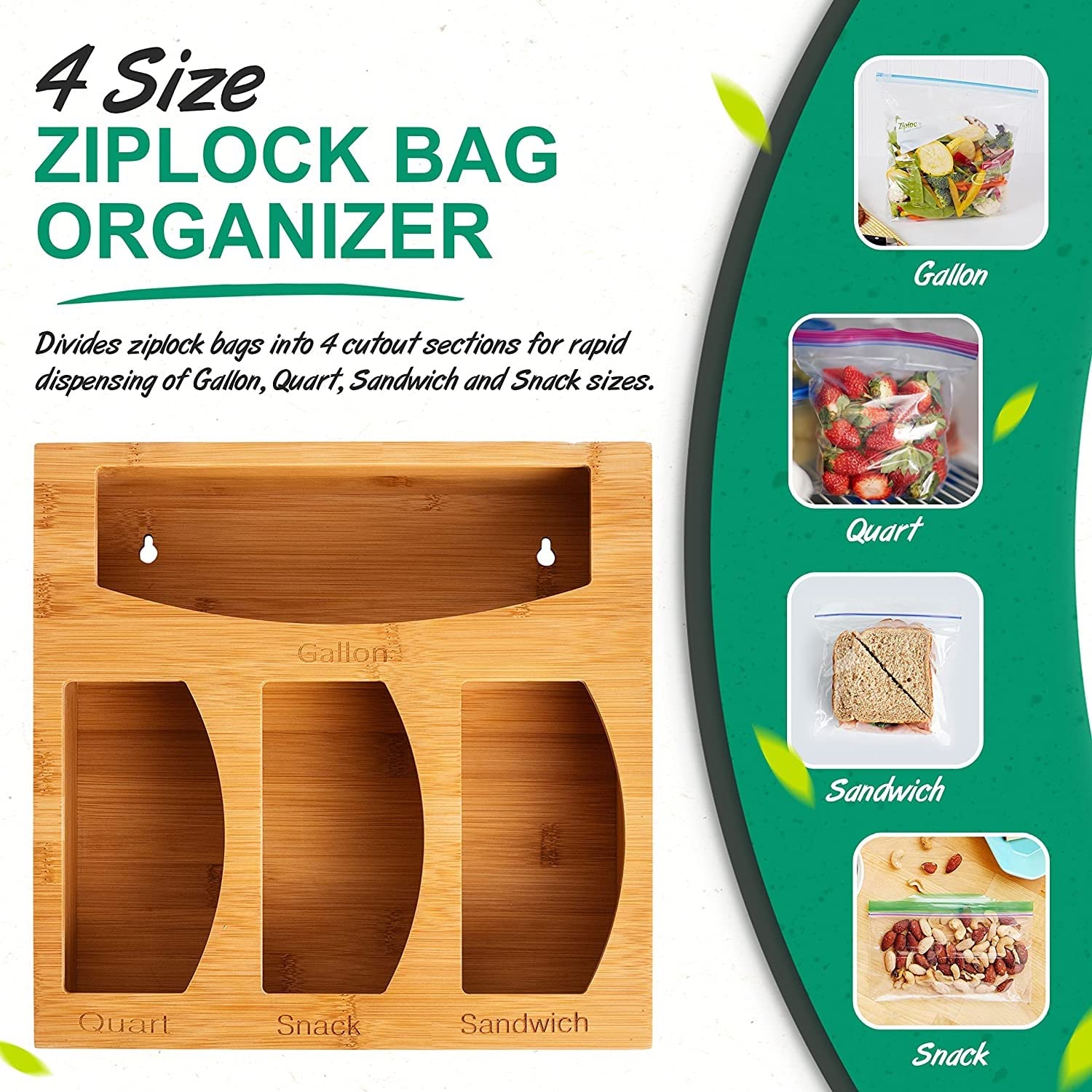 Ilberry Ziplock Bag Storage Organizer | Bamboo Ziplock Bag Organizer Designed to Fit Most Kitchen Drawer | Food Baggie Holder Suitable for Gallon, Quart, Sandwich and Snack Variety Size Bags