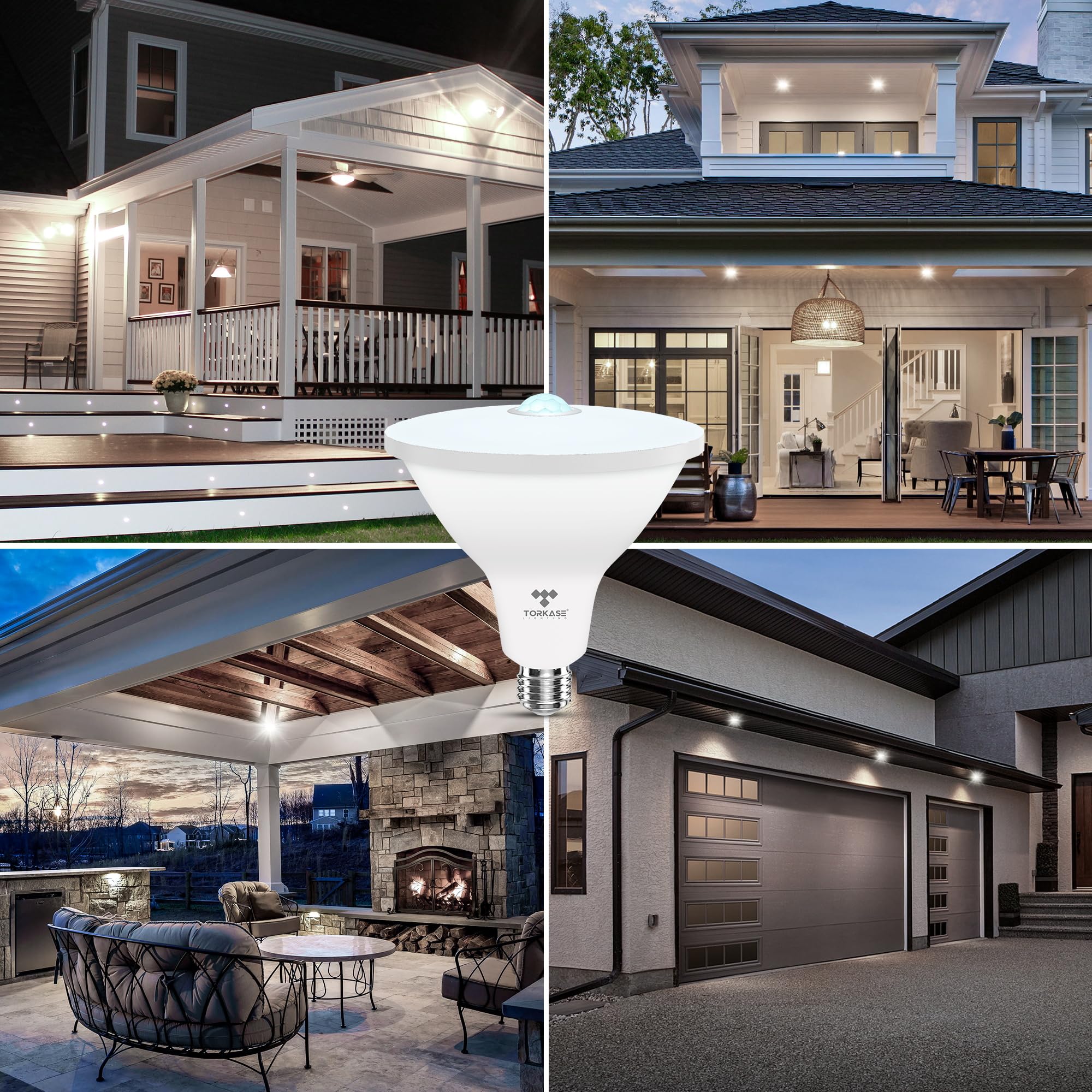 Torkase Upgraded Motion Sensor Light Bulbs, Outdoor Security PAR38 Flood LED Light Bulbs with Light Sensor,E26 Movement Activated 5000K Daylight, 20W 2000LM-150W Equivalent, for Indoor-Outdoor, 2 Pack