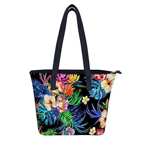 Floral Bloom Flowers Tropical Pattern Women's Tote Bag PU Leather Shoulder Bag Handbags Purse For Work Shopping Travel