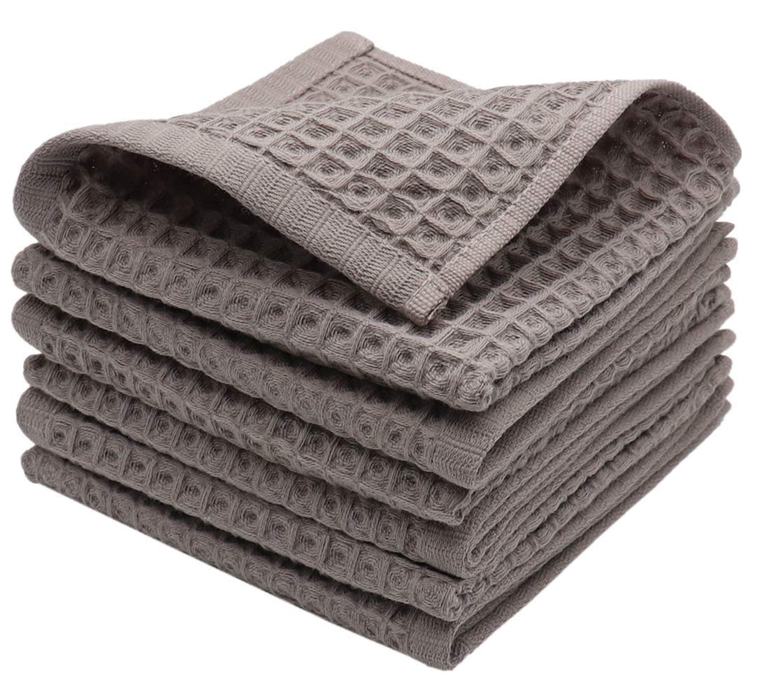 GQZLUCK 100% Natural Cotton Dish Towels Classic Waffle Weave Dish Cloths, Soft Ultra Absorbent Bath Hand FaceTowel, Fast Drying Lightweight Washcloth, Set of 6 (Dark Grey)