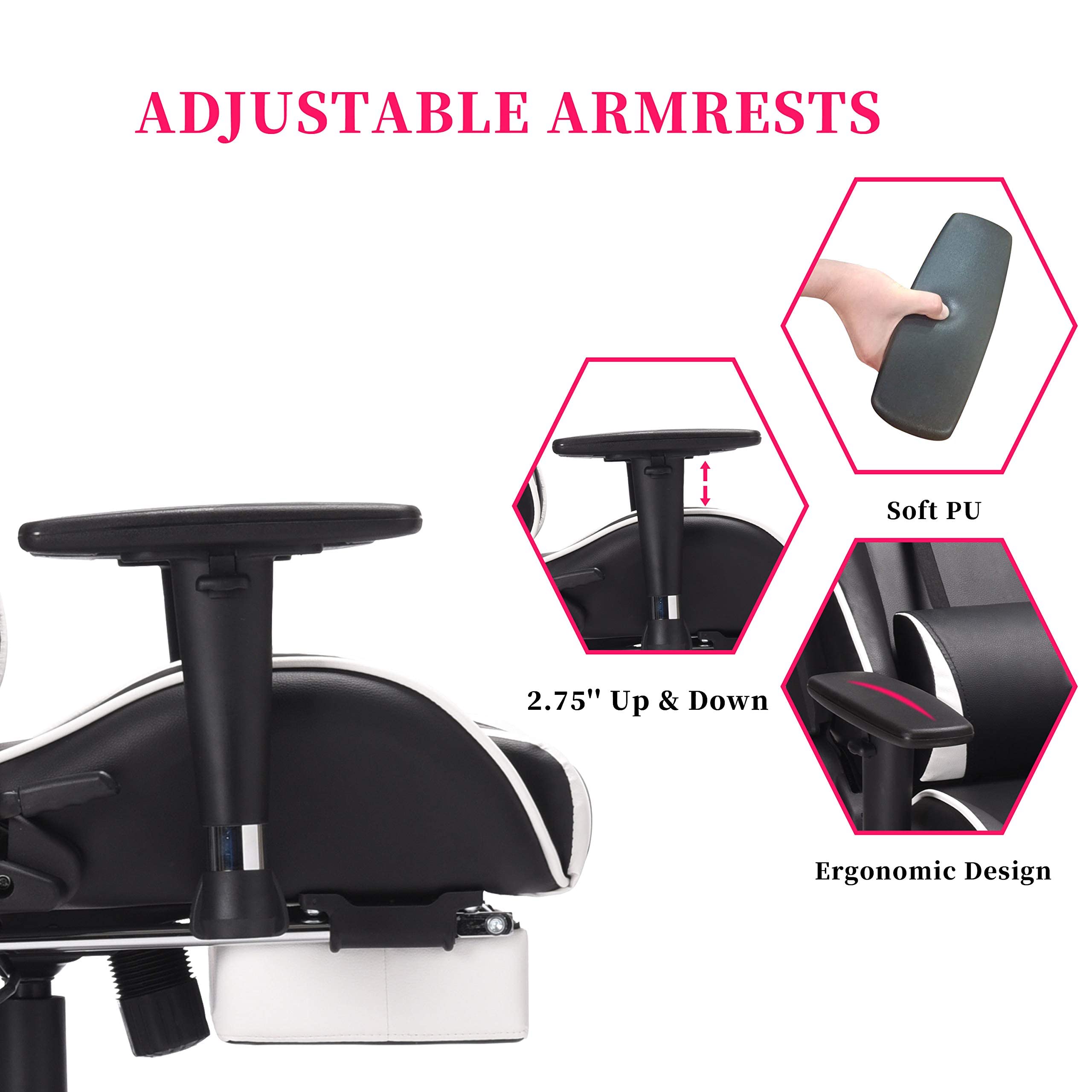Gaming Chair with Footrest Gamer Chair Computer Chair Massage Gaming Chairs High Back Ergonomic Adjustable Office Chair with Headrest and Lumbar Support (Pink)