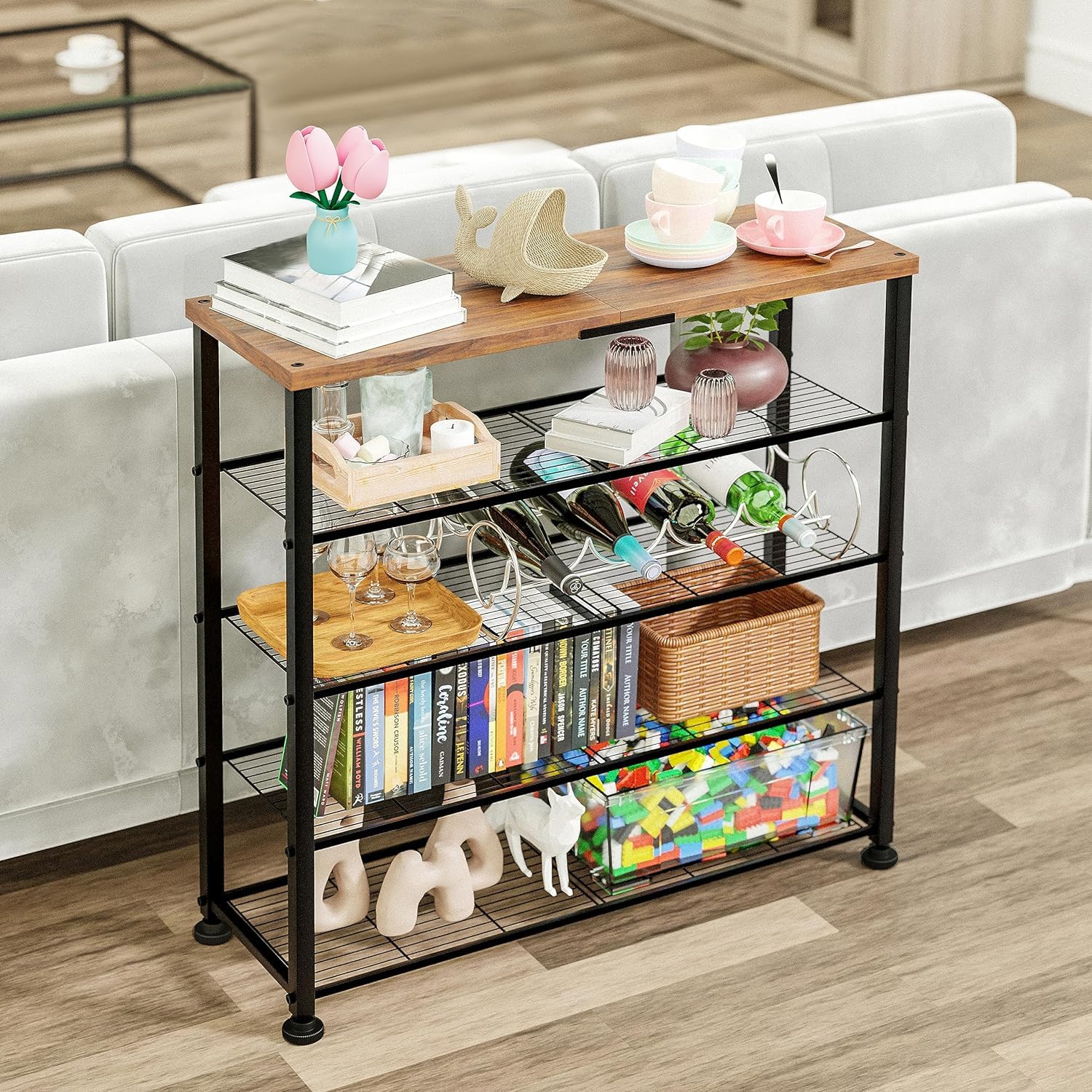Simple Trending-5 Tier Extra Large Shoe Rack, Rolling Shoe Storage Organizer and Heavy Duty Casters with Brake for Closet Entryway, Steel Frame, Industrial, Rustic Wood and Black