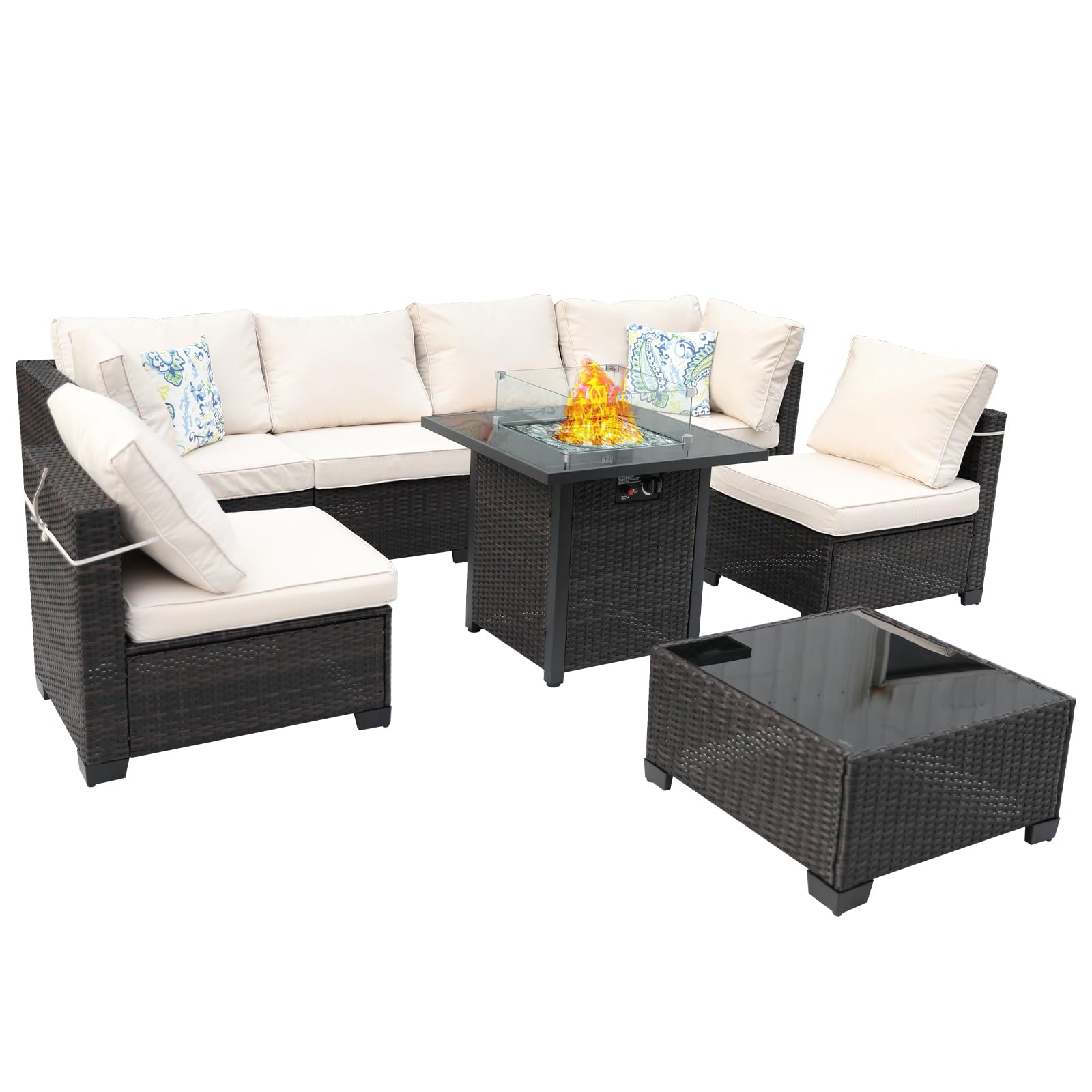 TINKLE WELL Patio Furniture Brown 28" Fire Pit Table, 8 Pieces Sectional Rattan Wicker Conversation Sofa Sets, Thick Cushions, for Yard, Garden, Poolside
