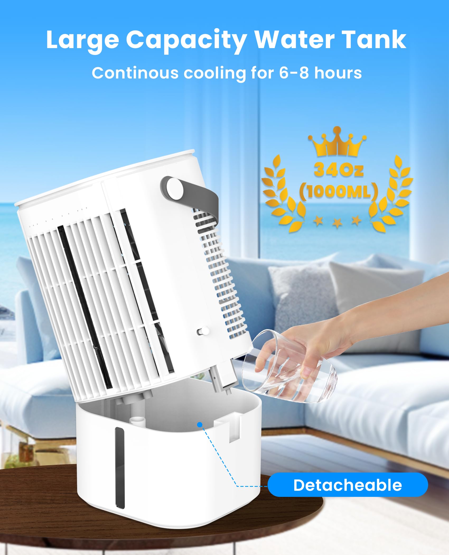 LATITOP Portable Air Conditioners Fan, Air Cooler Evaporative 180°Auto Rotation, 3 Wind Speed, 2-4H Timer, Mini Cooling Fan for Room Home Bedroom Office