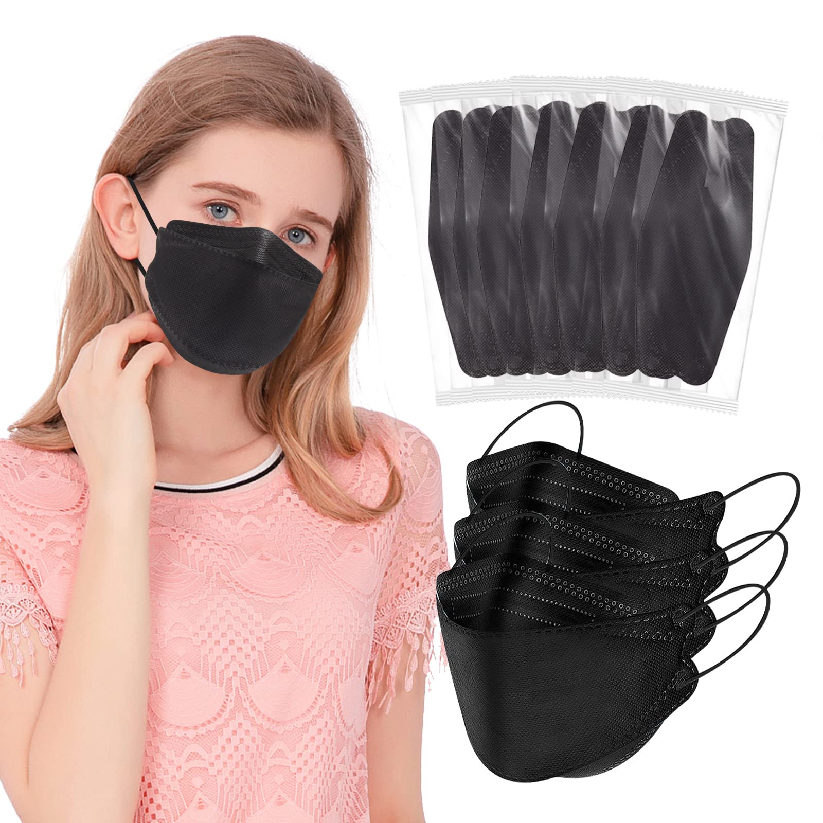 Wecolor 50 Pack Black KF94 Masks, Individually Packaged 4 Ply Disposable KF94 Mask for Adult, Fish Type KF94 Adult with Soft Earloops and Nose Clip, Used for School Office and Home (50 Pcs, Black)