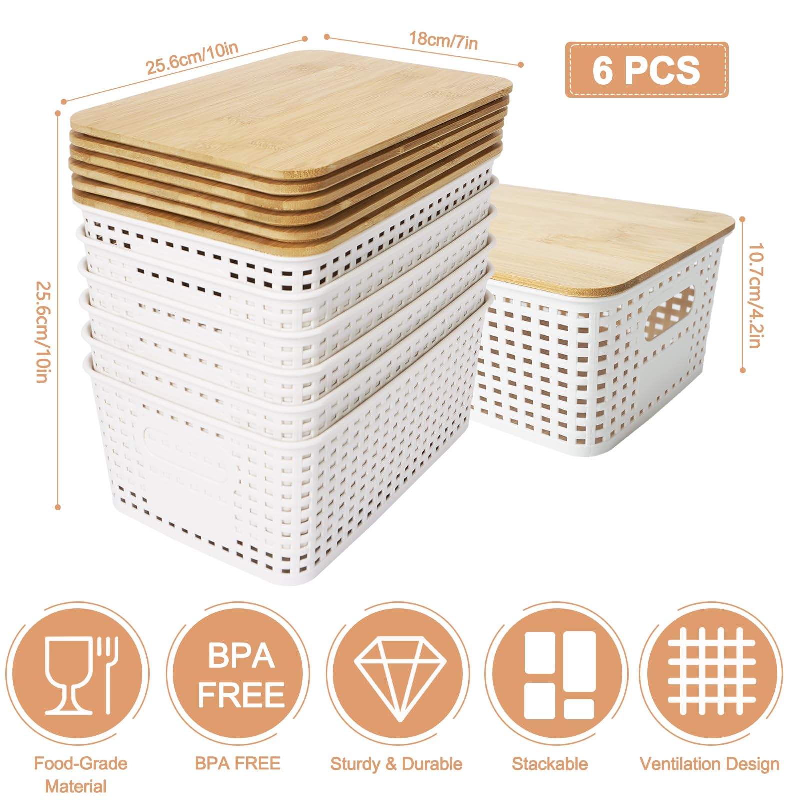 UHAPEER 6 PCS Storage Bins with Bamboo Lids Plastic Baskets Plastic Storage Containers for Organizing Stackable Storage Box with Handle for Shelves Drawers Desktop Closet Classroom Office(White)