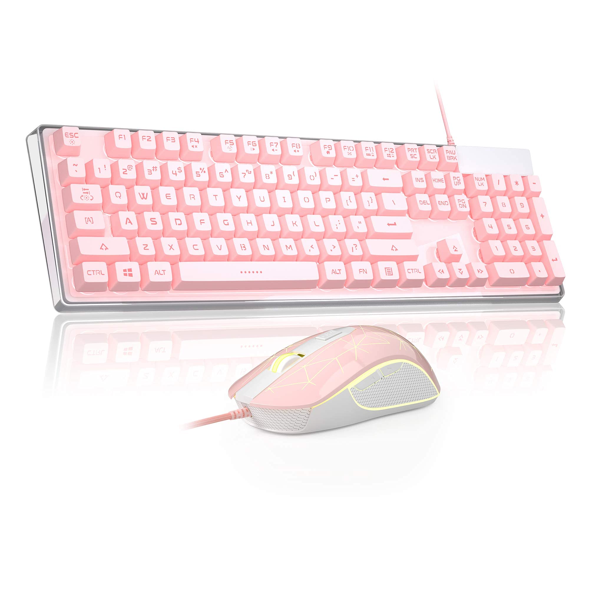 Wired Gaming Keyboard and Mouse Combo, LED Backlit Gaming Keyboard with Crystal Cover, 7 Colors LED Backlit Gaming Mouse 3200 DPI for PC Gamer Computer Desktop (Pink) (Color : Pink, Size : Pink)