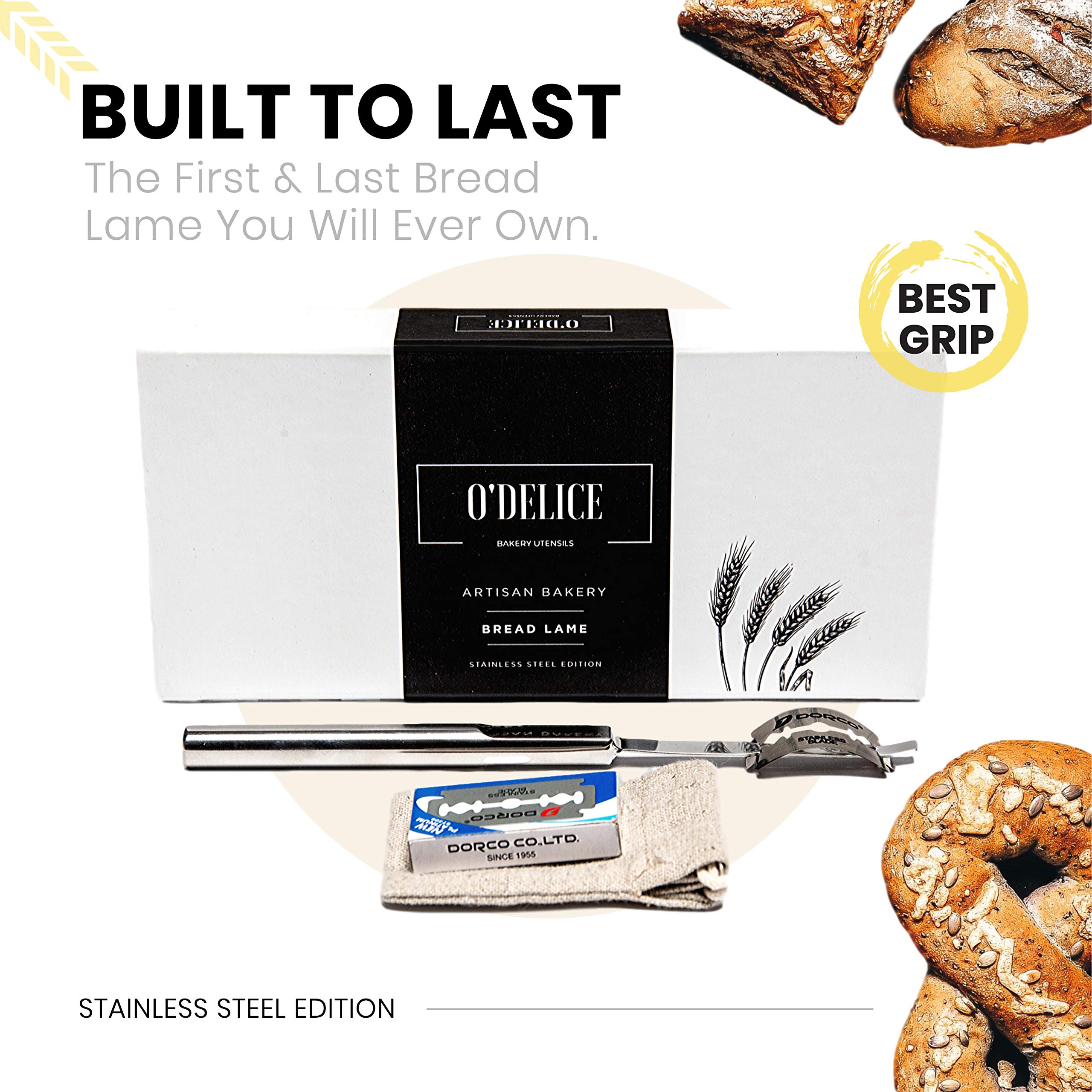 Stainless Steel Bread Lame in Gift Storage Box with Blade Protective Cover - The Most Advanced Design for Accurate Dough Scoring - 10 Premium Replaceable Blades - Built By Bakers, for Bakers