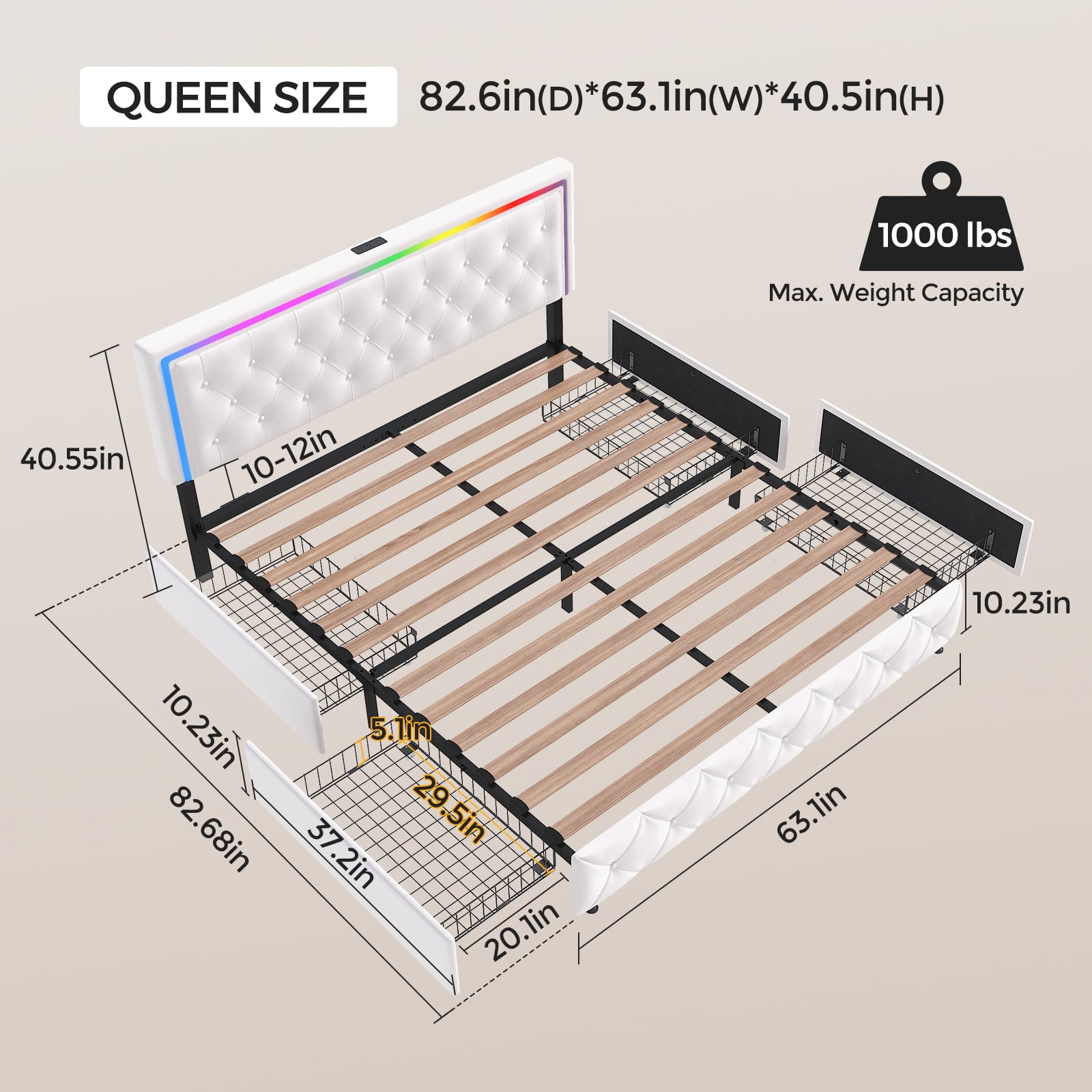 Queen Bed Frame with Adjustable LED Headboard White, Upholstered Metal Platform Bed Frame with 4 Under Bed Storage Drawers on Wheels and Charging Station, No Box Spring Needed, Easy Assembly