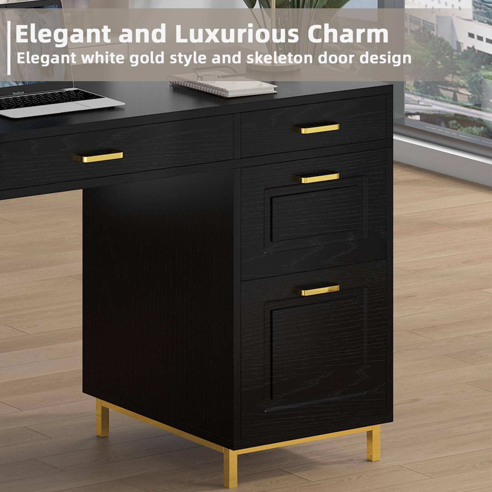 MaverickFurni Desk with 7 Drawers, 57 Inch Computer Desk with Storage, Desk with 2 File Drawers, Executive Desk for Home Office (Black and Gold)