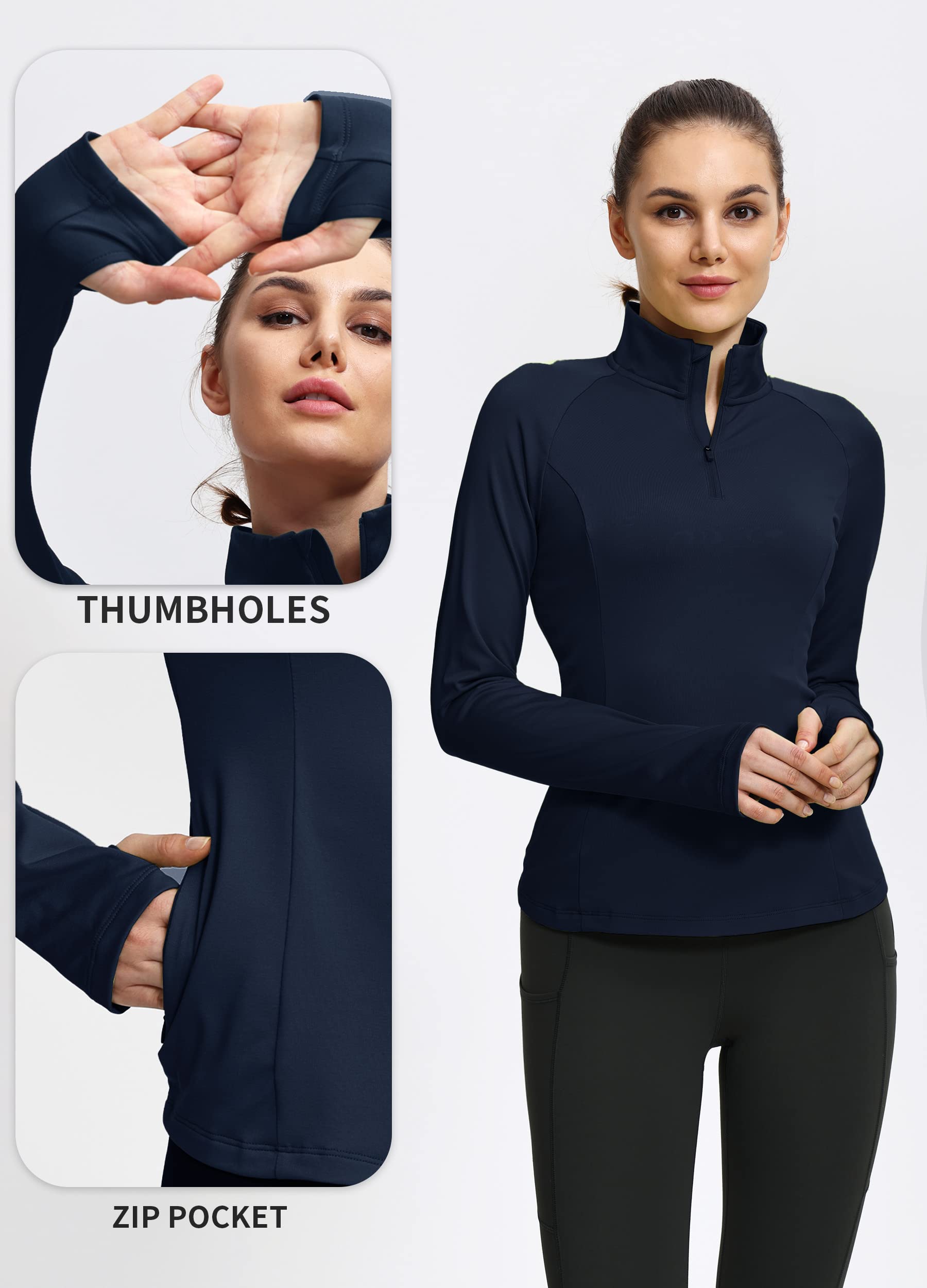 Hiverlay Women's Thermal Fleece Half Zip Thumbholes Long Sleeve Running Pullover Equestrian Shirt for Cold Weather Blue S