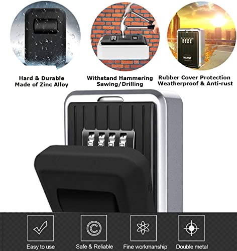 Key Lock Box with 4-Digit Combination, Lock Box Outside for House Key, Wall Mounted Weatherproof Resettable Code Key Lock Box for Outside, Ideal for Homes Hotels Schools