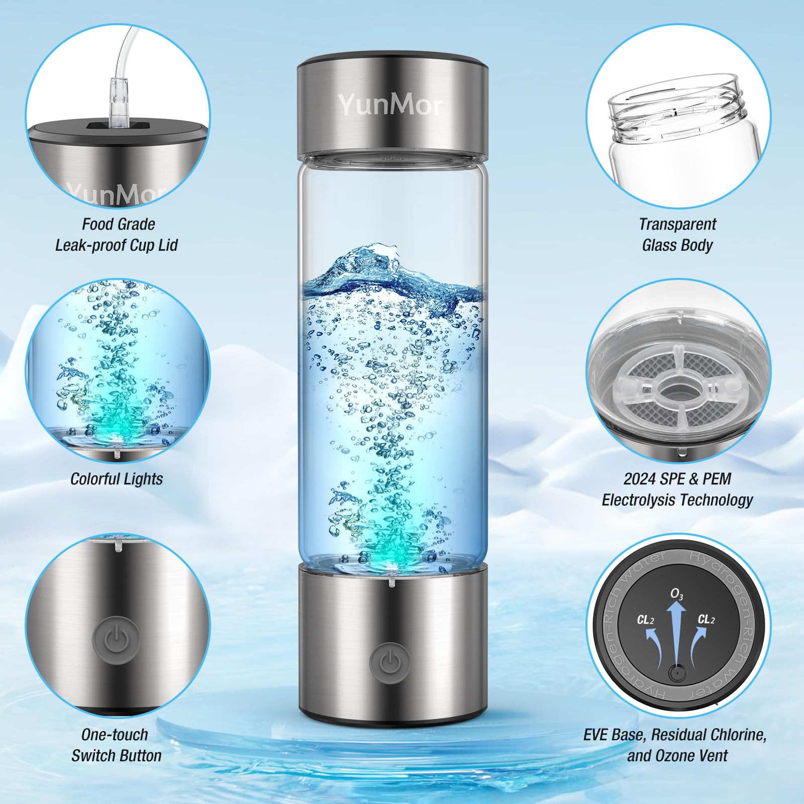 YunMor Hydrogen Water Bottle SPE PEM Technology Hydrogen Inhalable Hydrogen Water Bottle Generator 3-Minute Quick Electrolysis 2800ppd Hydrogen Water for Home, Office, Daily Drinking