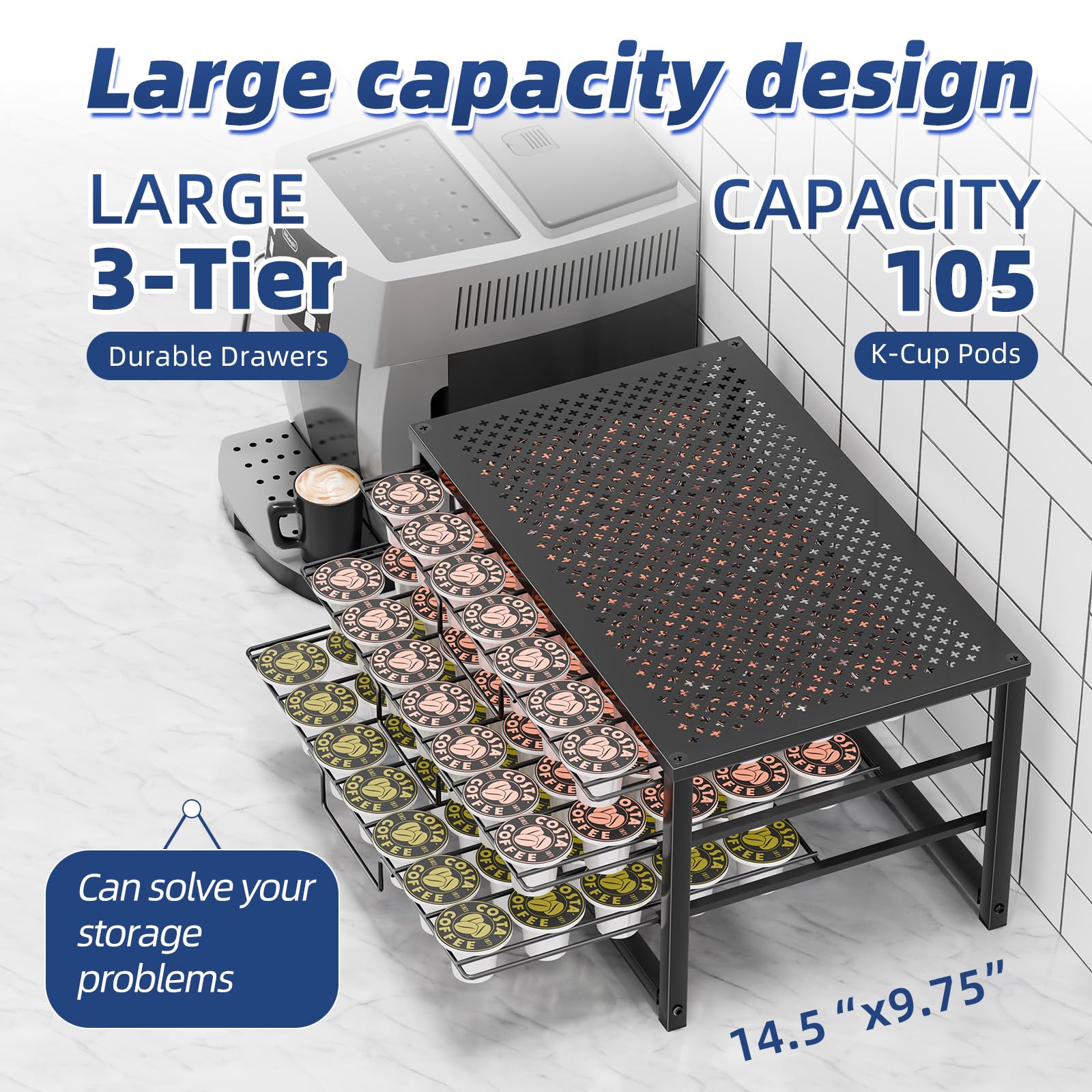 Simple Trending 3-Tier Coffee Pod Holder Rack for K-Cup, 105 Pod Pack Capacity Rack, Metal, Black