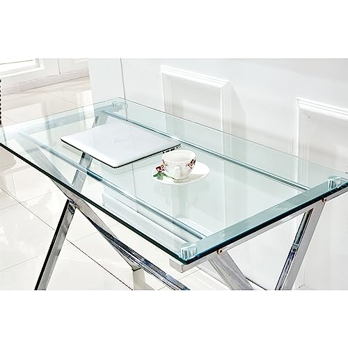 SMARTIK Modern Glass Computer Desk, Clear Study Table - Gaming Desks, Study Desk, and Workstation Table for Small Spaces - Stainless Steel Frame 43.5" x 21.7" x 29.9"