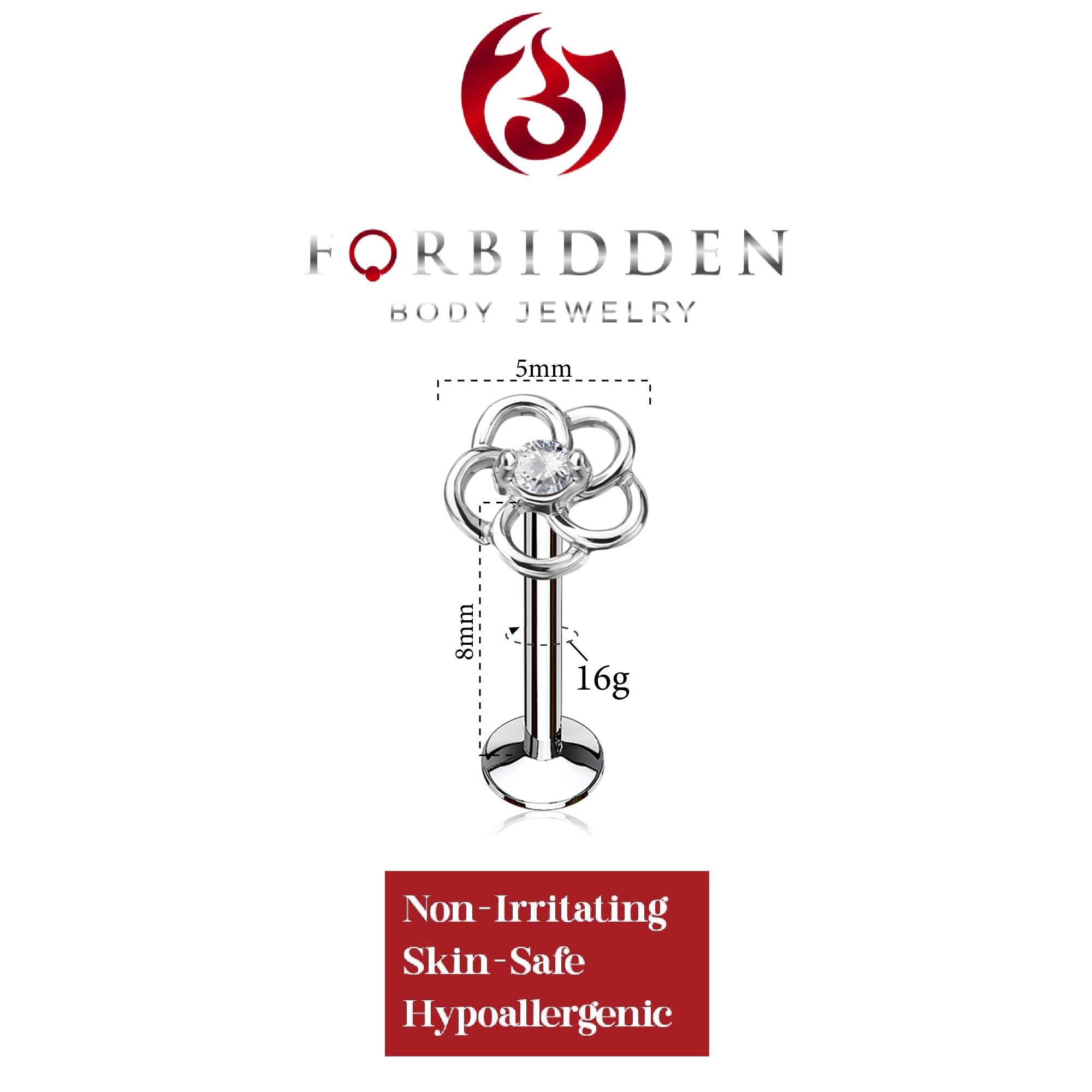 Forbidden Body Jewelry 16g 8mm Surgical Steel Tragus, Helix, Cartilage and Labret Stud with Clear CZ Centered Flower Top