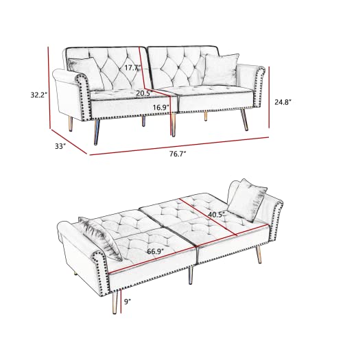 SZLIZCCC 76.7" Velvet Futon Sofa Bed, Copper Nail Decoration Accent Sofa, Convertible futon Couch, backrest can be Adjusted at Three Angles, Sleeper Sofa, Bed Size-Twin.(Green)