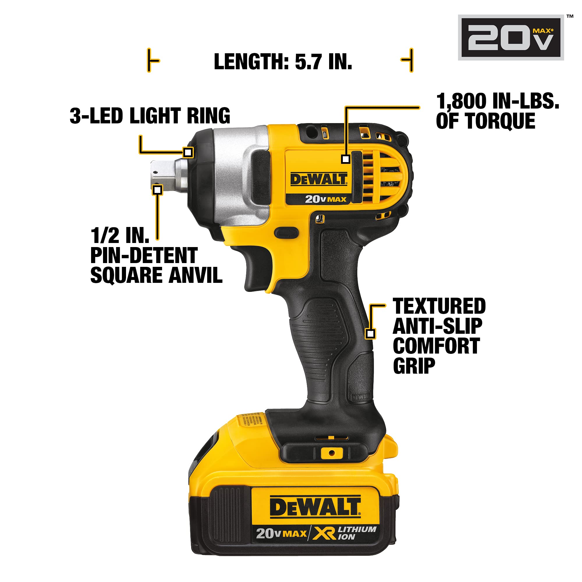 DEWALT DCF880M2 20-volt MAX Lithium Ion 1/2-Inch Impact Wrench Kit with Detent Pin, Yellow