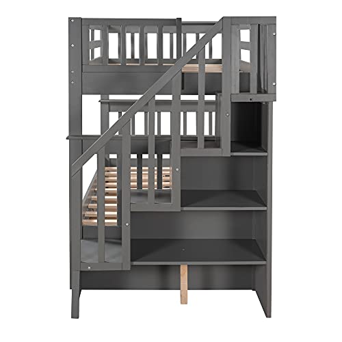 MERITLINE Twin Bunk Bed with Storage Drawer, Wood Twin Over Twin Bunk Beds with Stairs, Low Bunk Beds Frame for Teens Boys Girl(Grey)