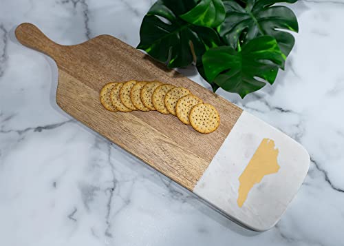 Mary Square State of North Carolina Gold Foil 20 x 6 Food Safe Mango Wood and Marble Serving Cutting Board with Handle