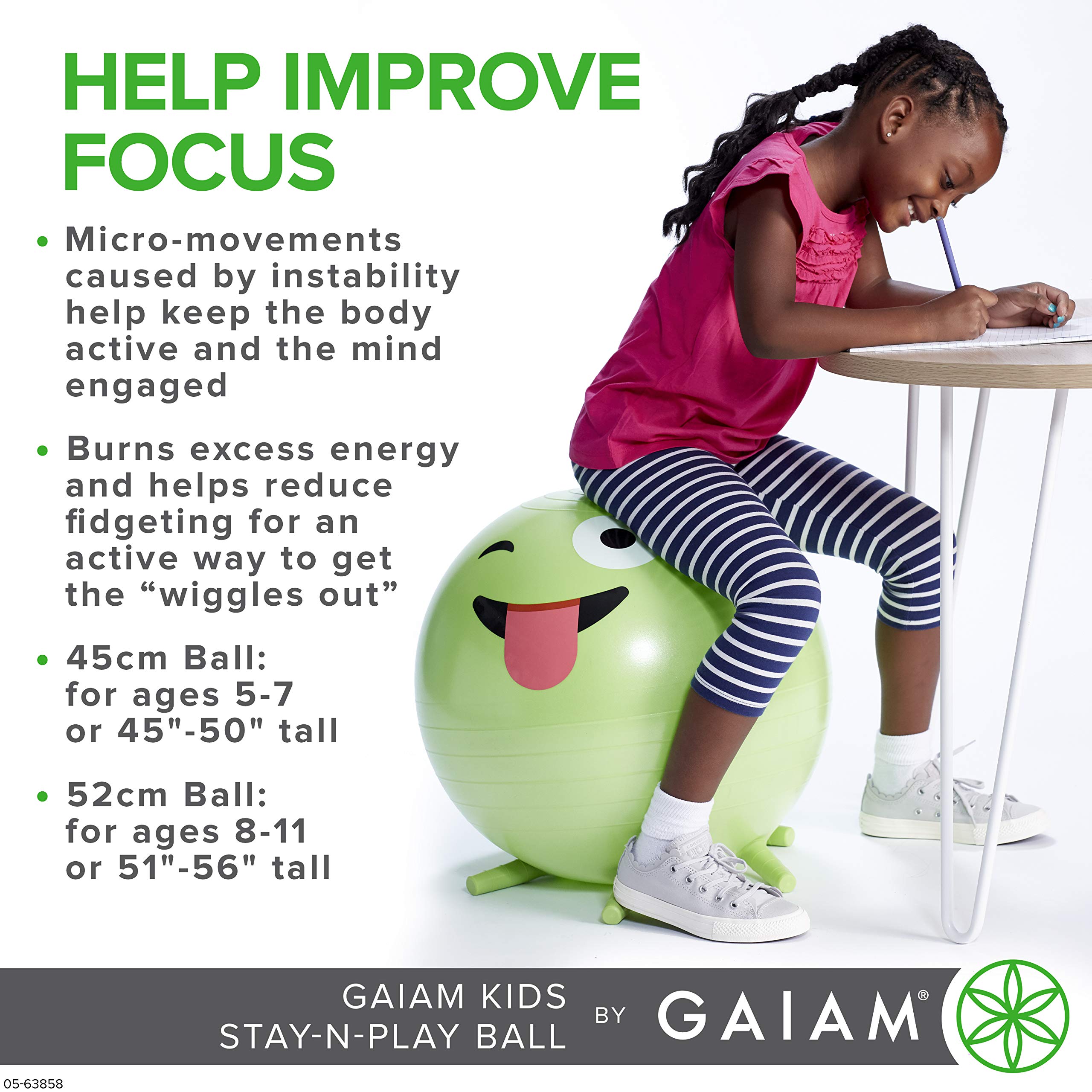 Gaiam Kids Stay-N-Play Children's Balance Ball - Flexible School Chair Active Classroom Desk Alternative Seating | Built-In Stay-Put Soft Stability Legs, Includes Air Pump, 52cm, Blue