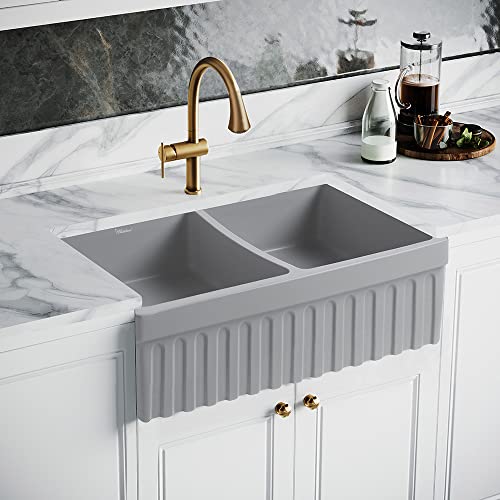 Whitehaus Collection WHQDB332-M-LIGHTCEMENT Quatro Alcove Kitchen, Fireclay, Front Apron Sink, Matte, Light Cement